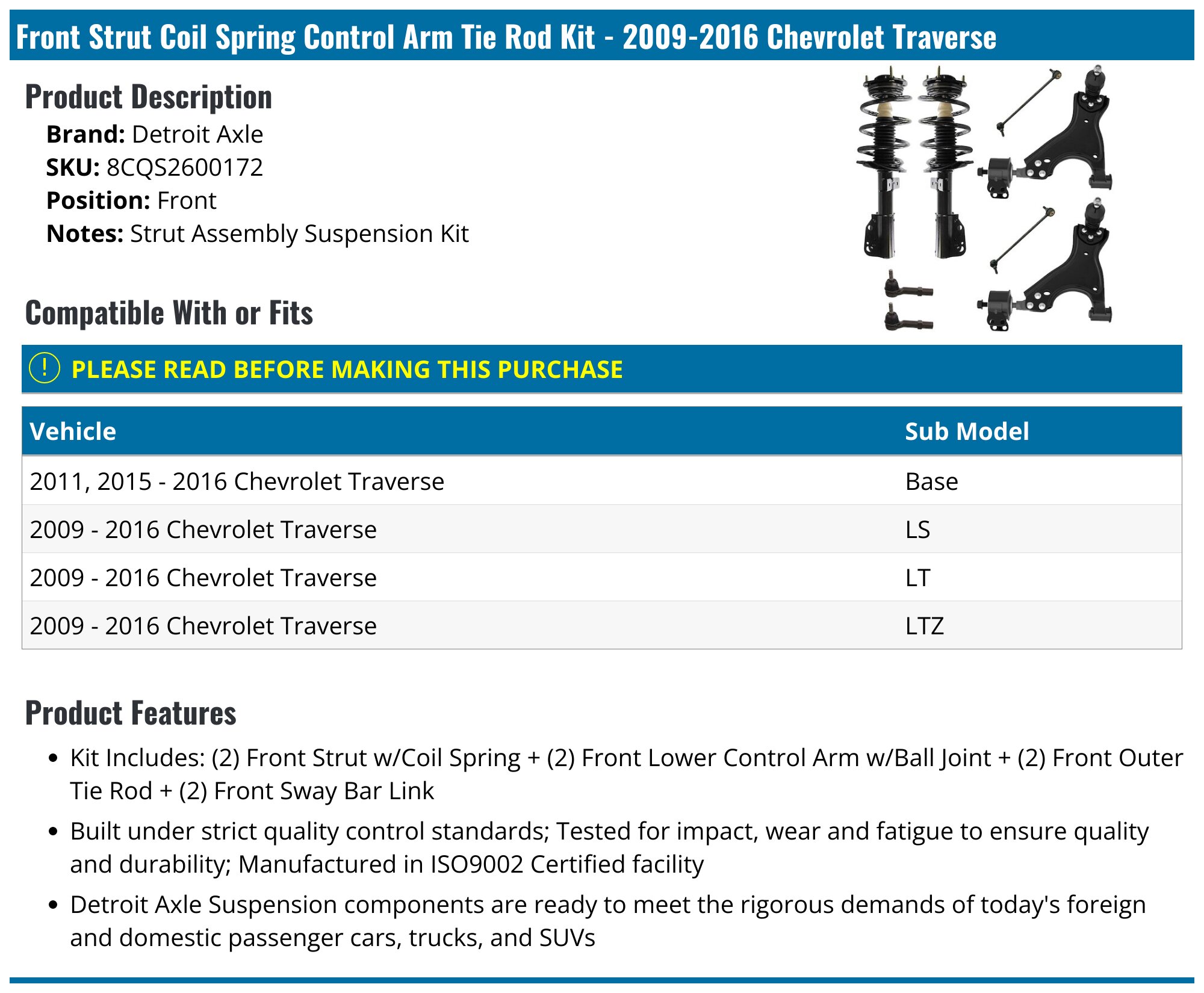 2009-2012 Chevrolet Traverse Strut Assembly - Detroit Axle 8CQS2600172 ...