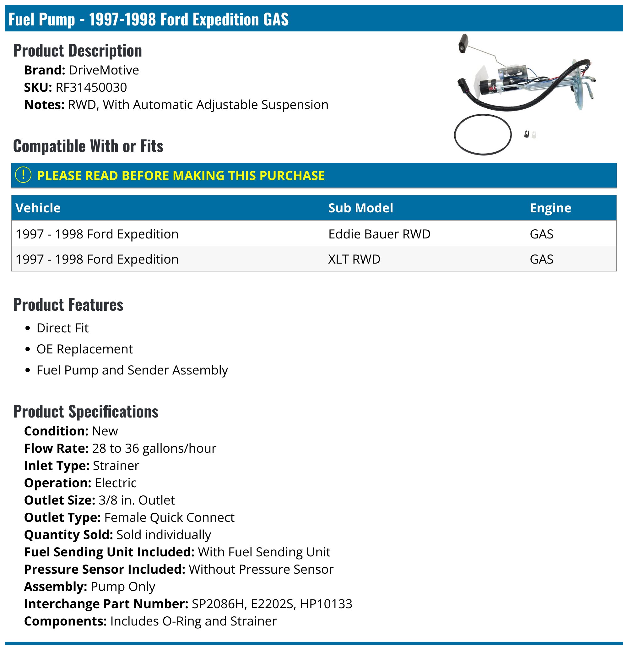 1997-1998 Ford Expedition Fuel Pump - DriveMotive RF31450030 ...
