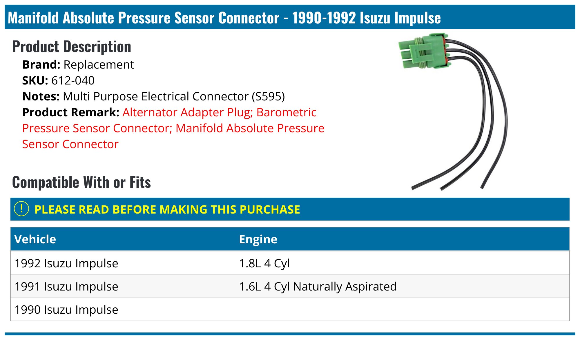 1990-1992 Isuzu Impulse Manifold Absolute Pressure Sensor Connector ...