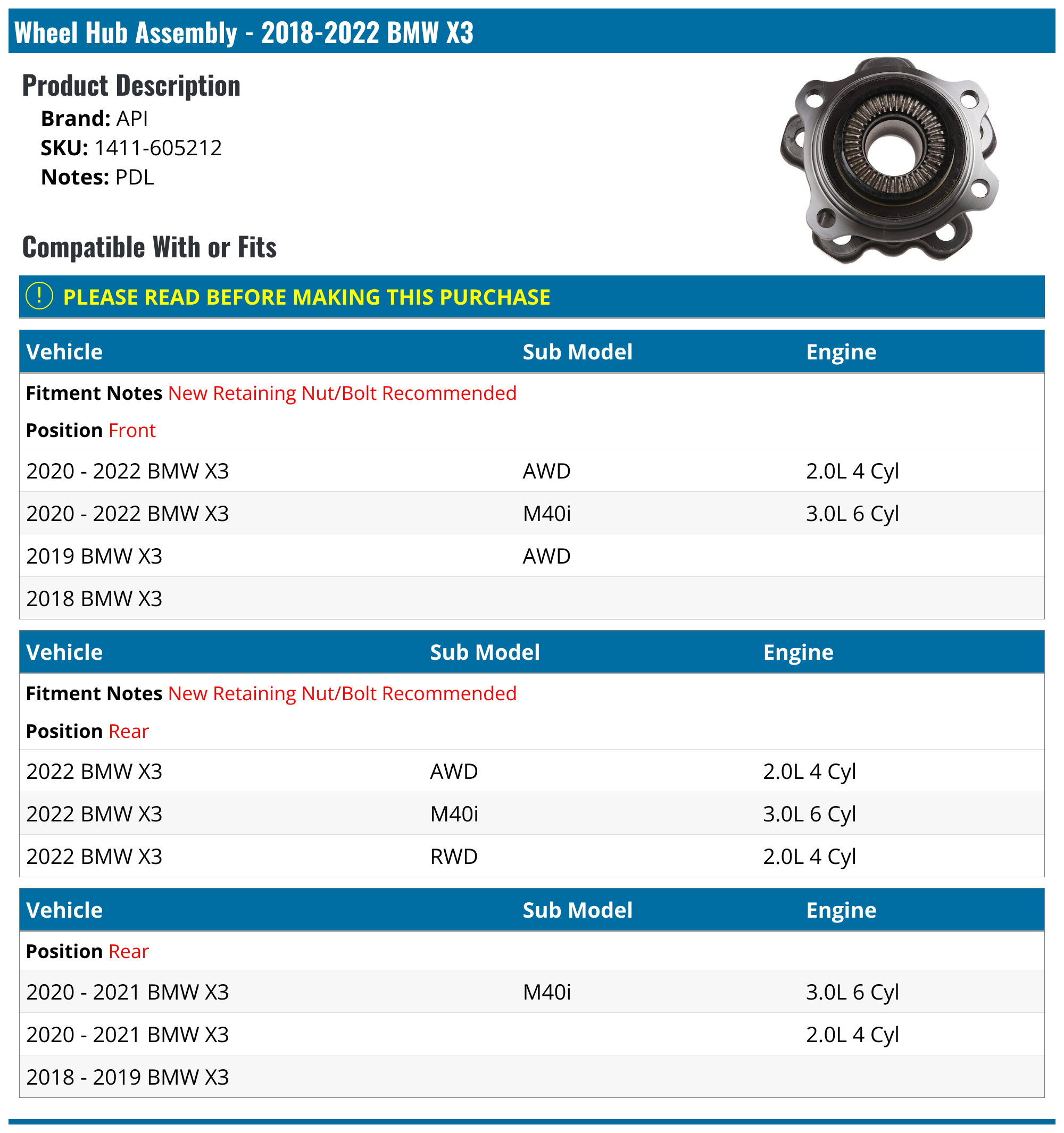 2018-2023 BMW X3 Wheel Hub Assembly - API 145557-02731953 - Front ...