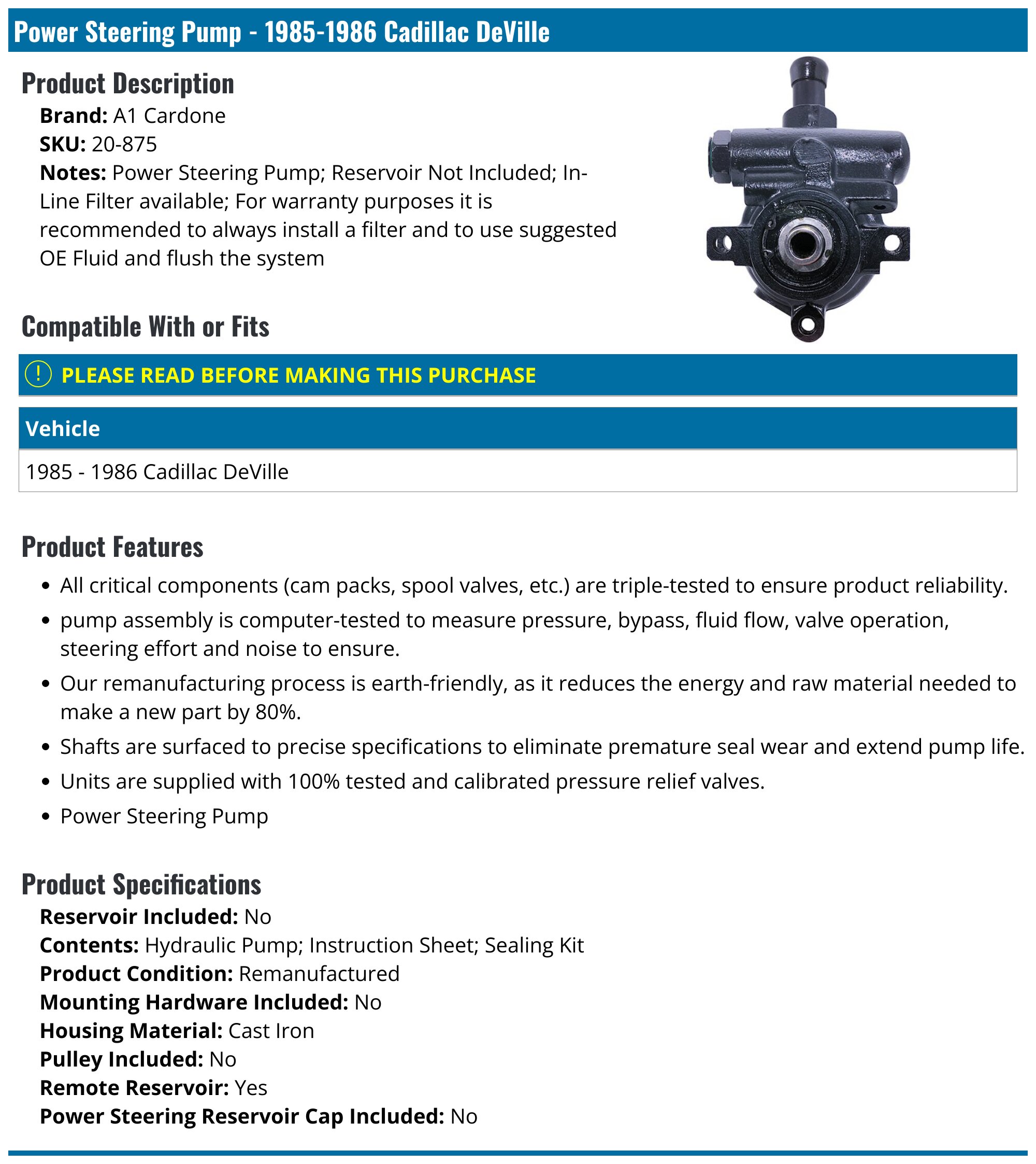1985-1986 Cadillac DeVille Power Steering Pump - A1 Cardone 20-875 ...