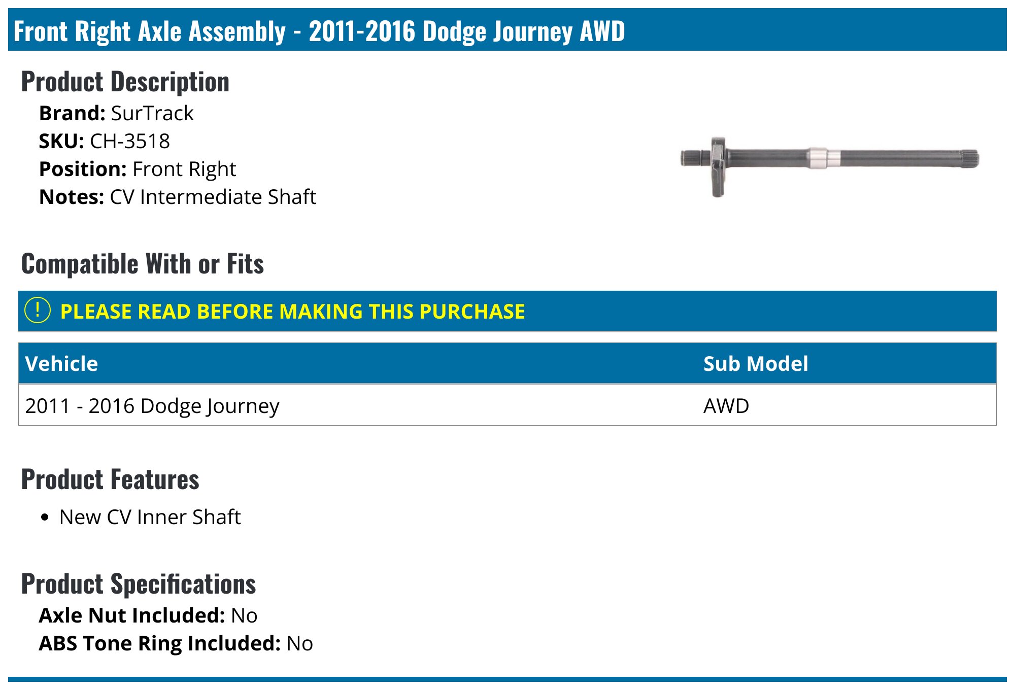 2011-2016 Dodge Journey Axle Assembly - SurTrack CH-3518 - Front Right ...