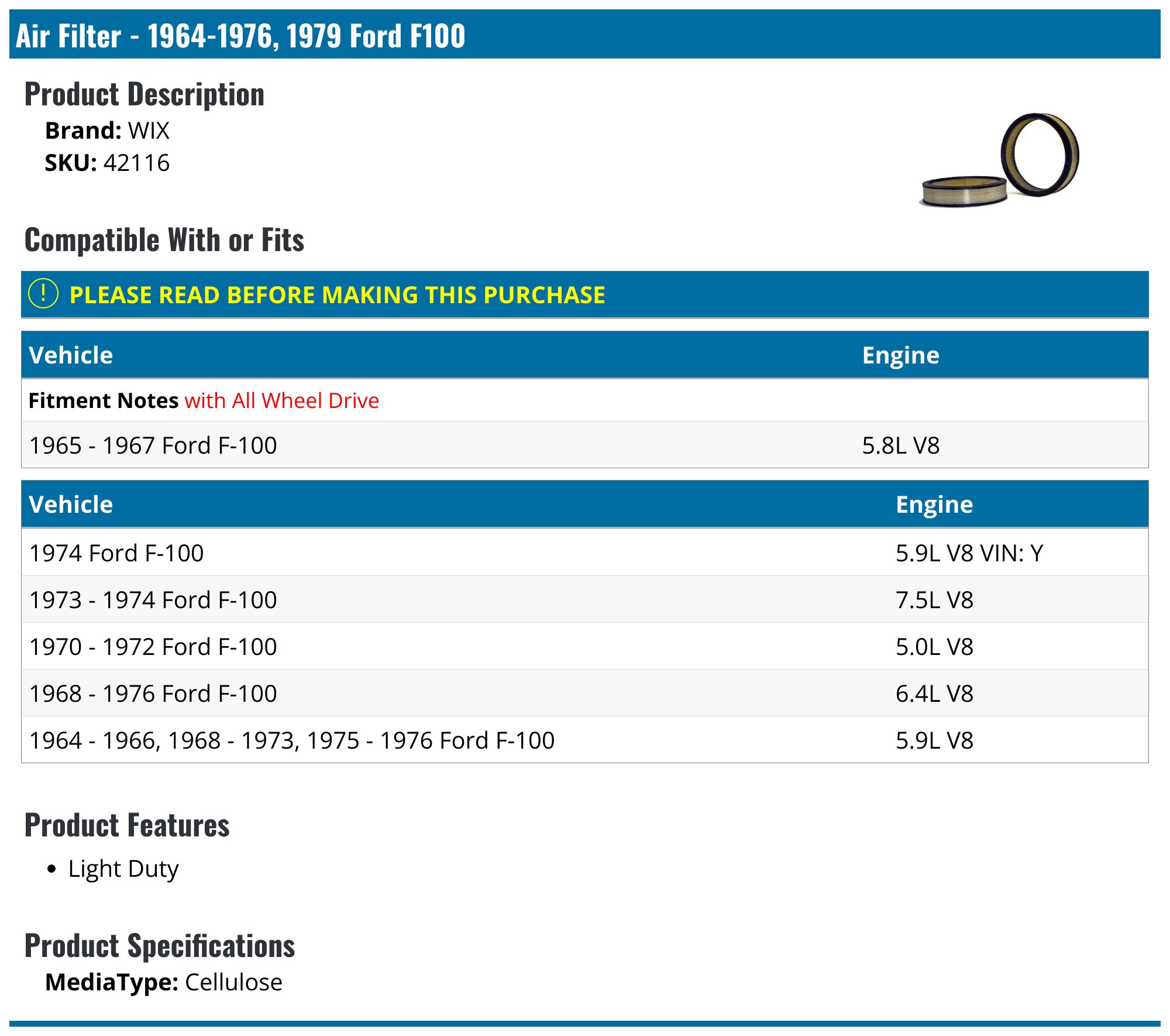 1964-1976, 1979 Ford F100 Air Filter - WIX 42116 - PartsGeek.com