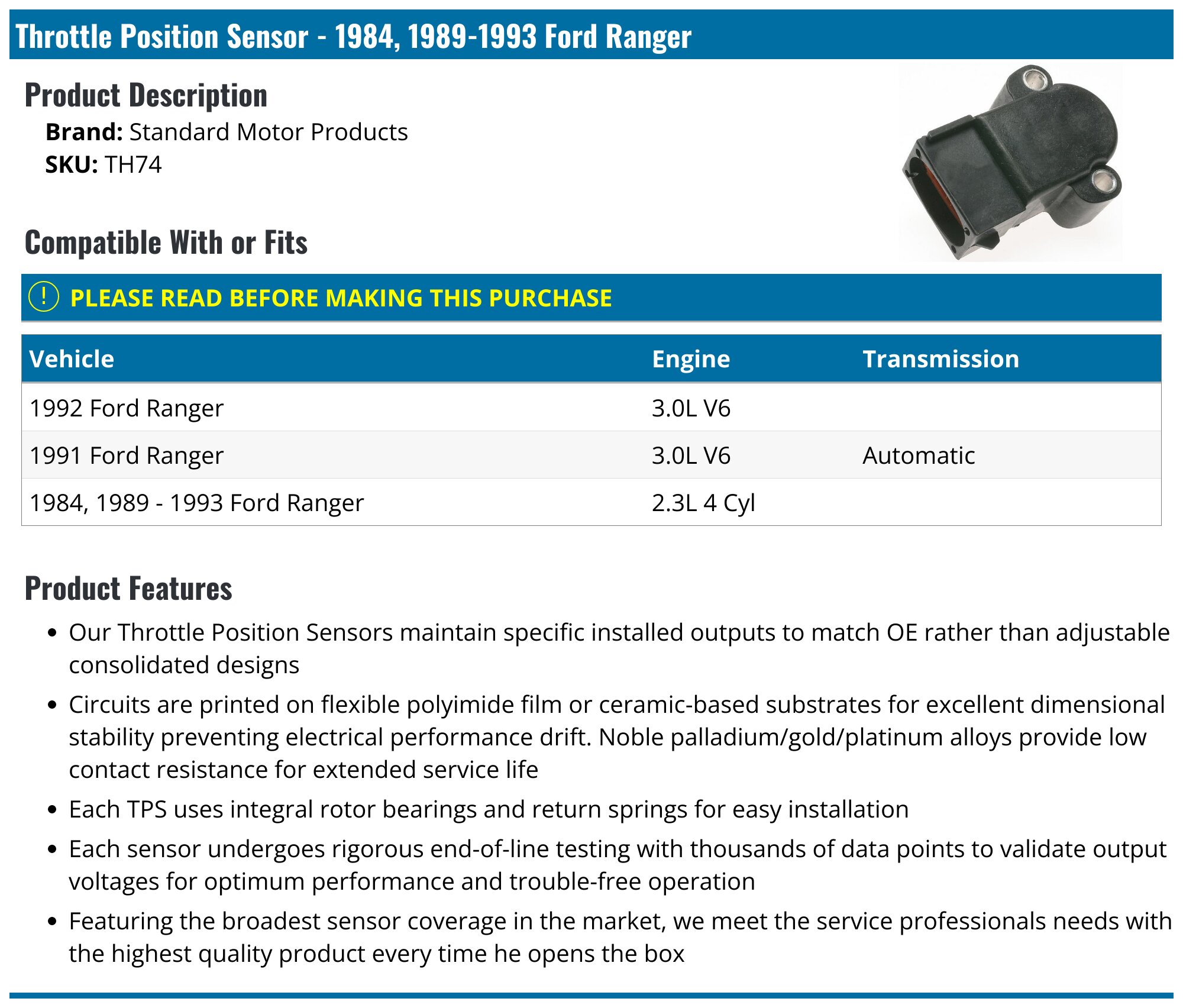 1984, 1989-1993 Ford Ranger Throttle Position Sensor - Standard Motor ...
