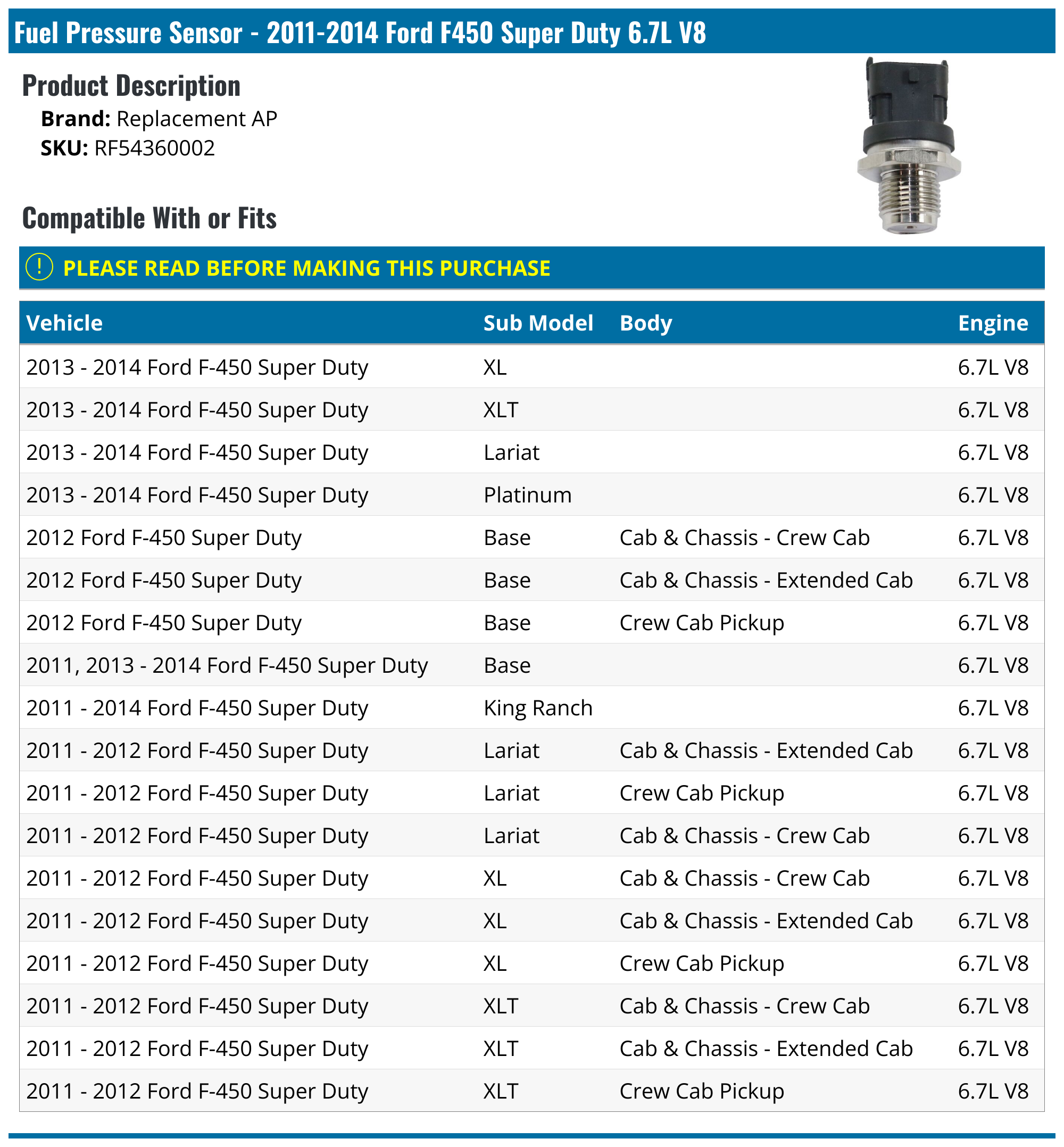 2011-2014 Ford F450 Super Duty Fuel Pressure Sensor - Replacement AP ...