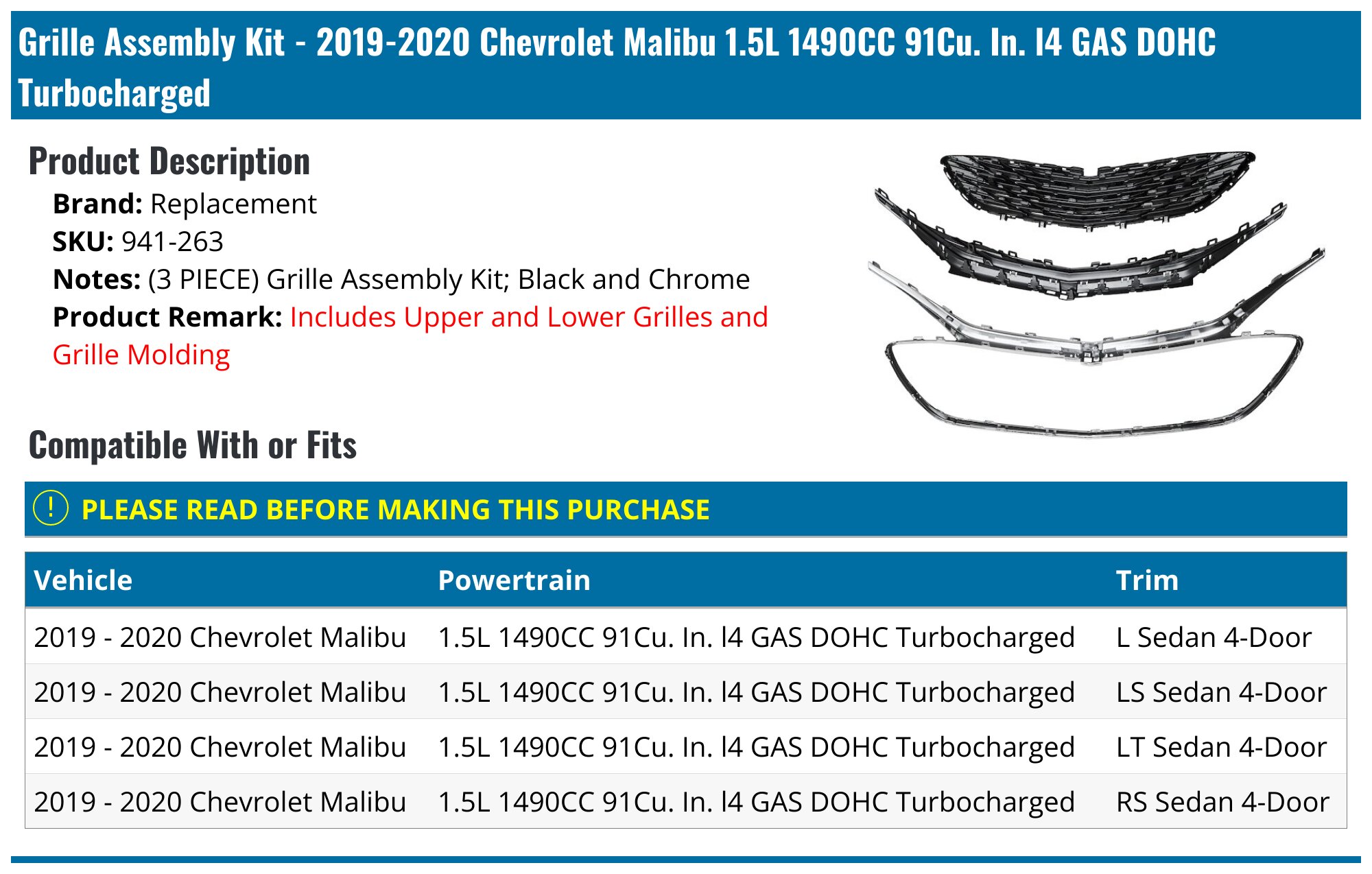 2019-2020 Chevrolet Malibu Grille Assembly - Replacement 941-263 ...