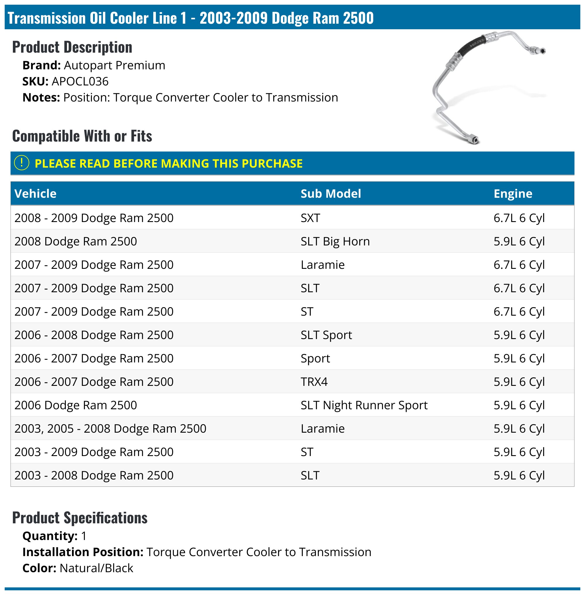 2003-2009 Dodge Ram 2500 Transmission Oil Cooler Line - Autopart ...