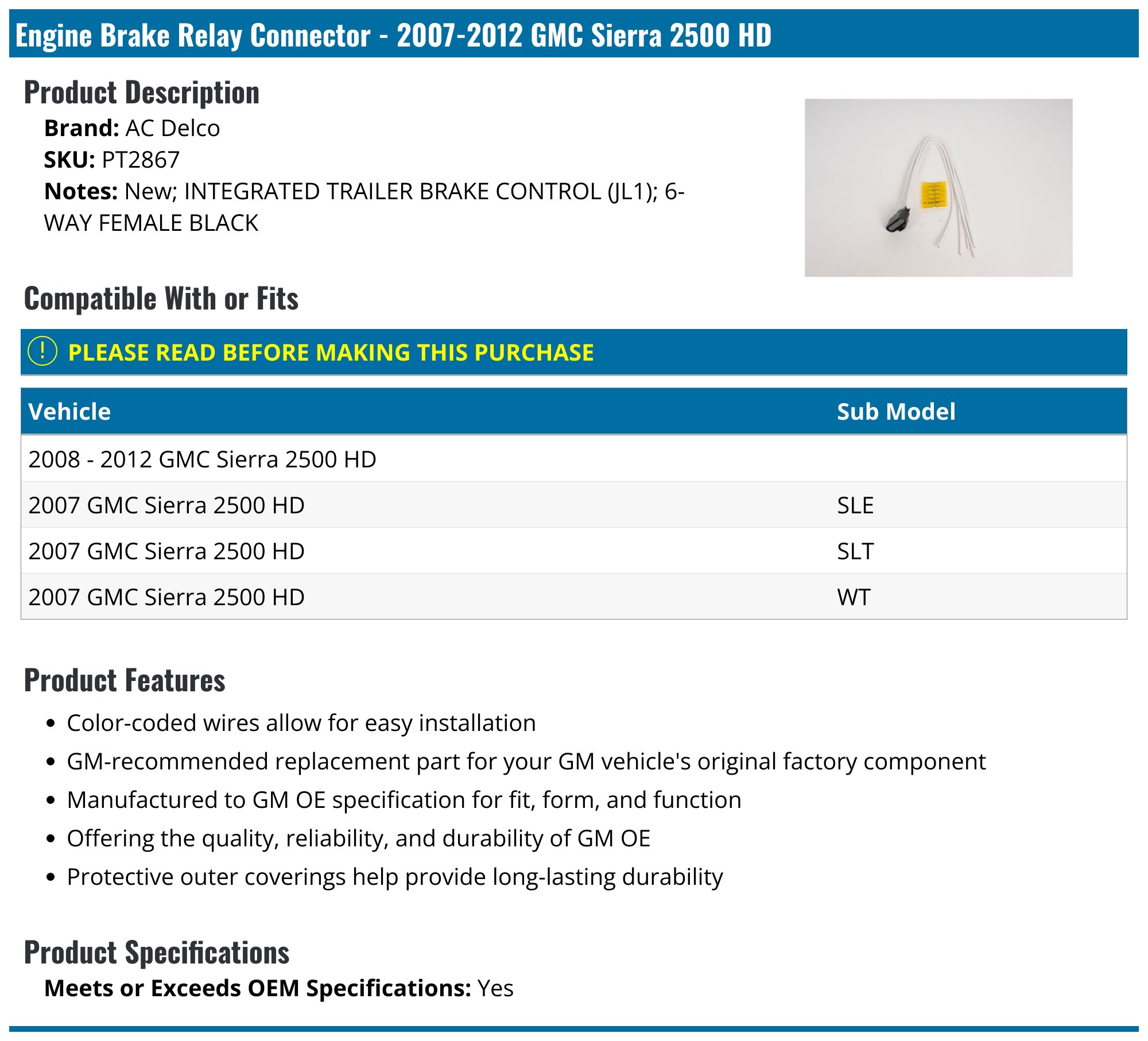 2007-2012 GMC Sierra 2500 HD Engine Brake Relay Connector - AC Delco ...
