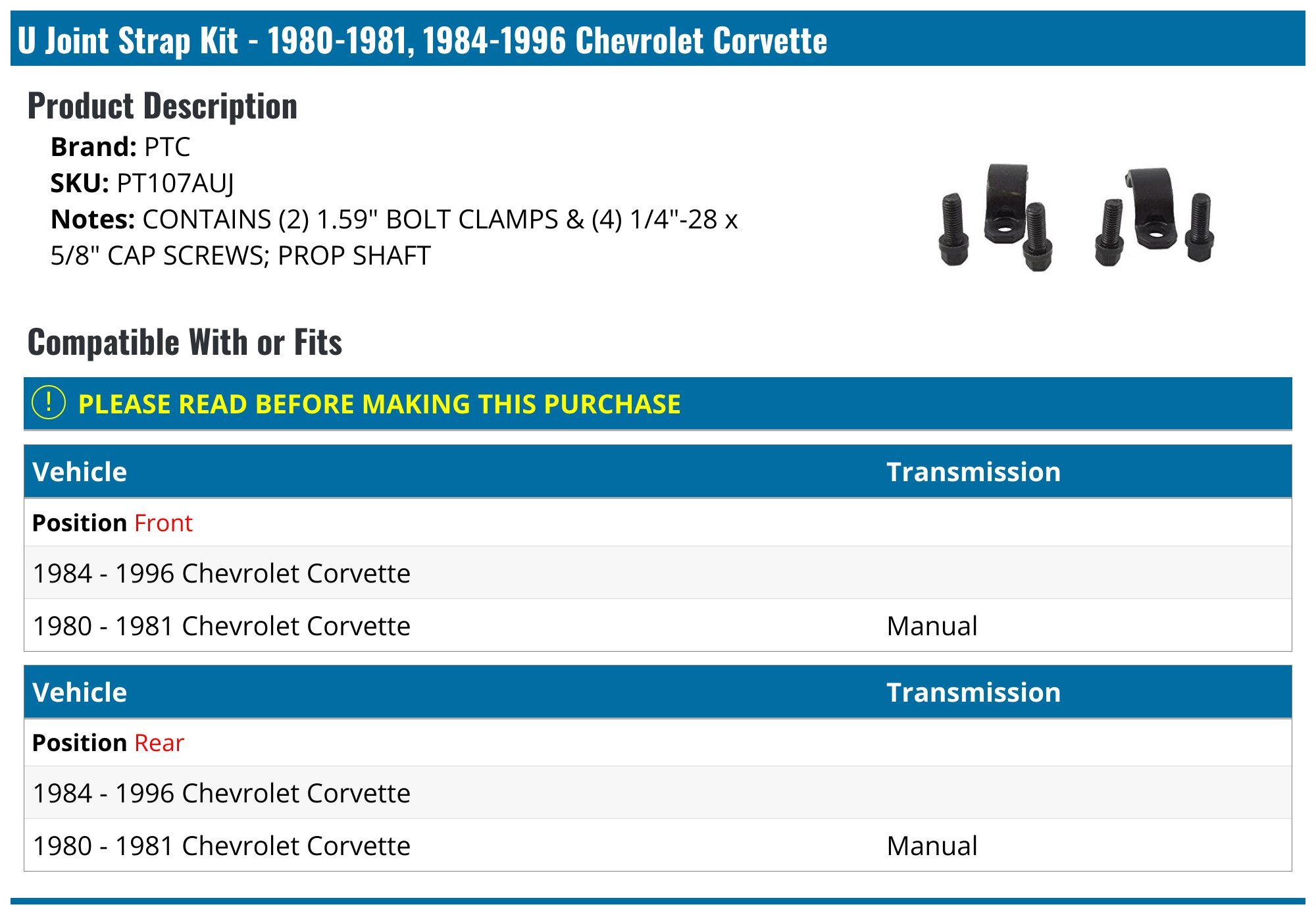 1980-1981, 1984-1996 Chevrolet Corvette U Joint Strap Kit - PTC ...
