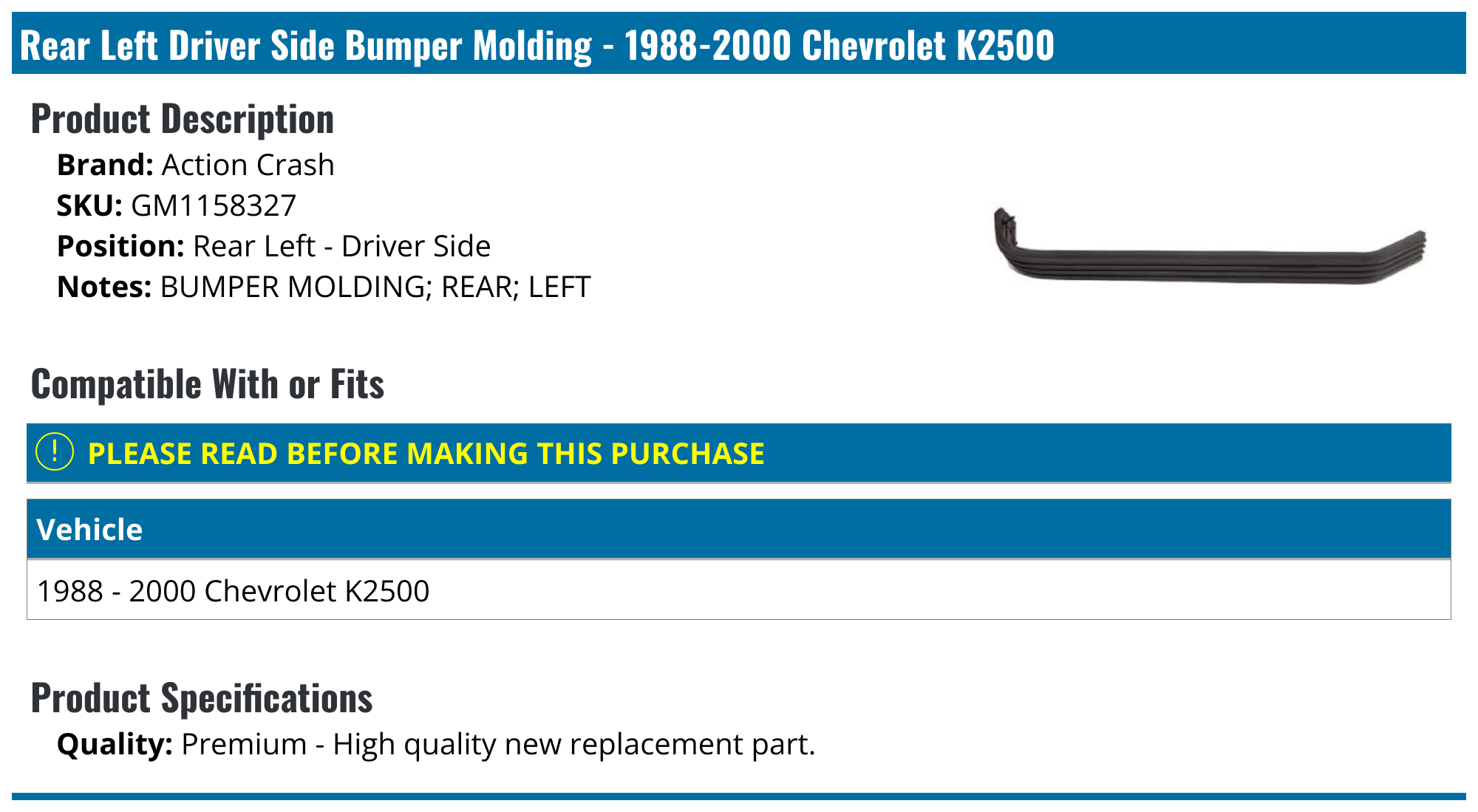 1988-2000 Chevrolet K2500 Bumper Molding - Action Crash GM1158327 ...