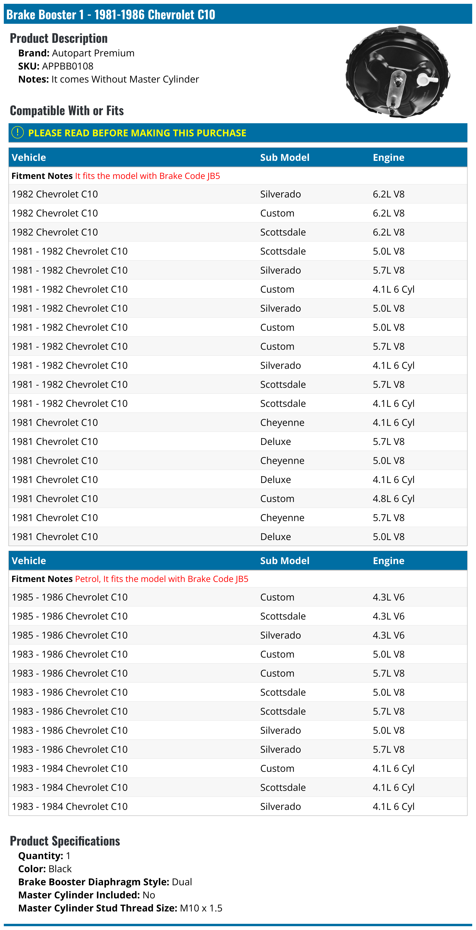 1981-1986 Chevrolet C10 Brake Booster - Autopart Premium APPBB0108 ...