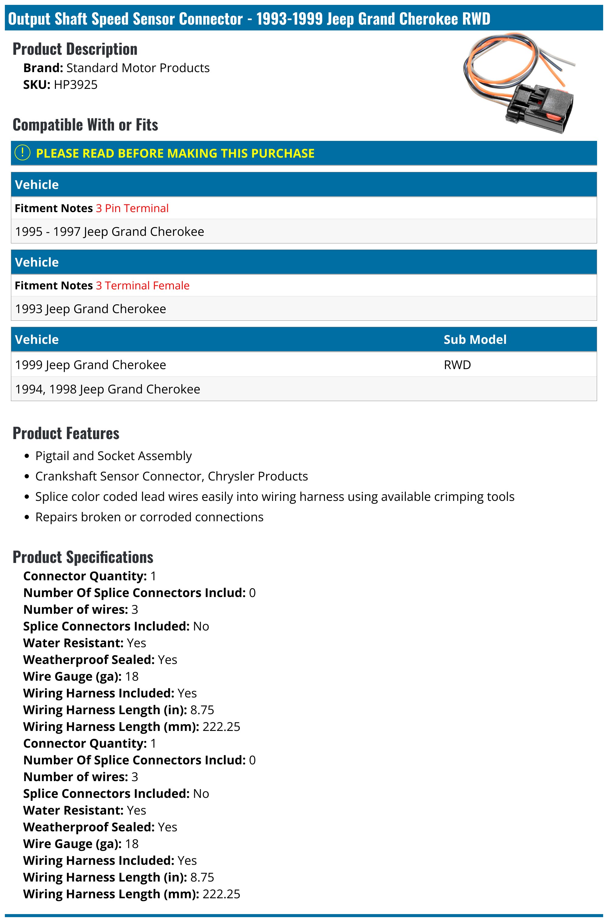 1993-1999 Jeep Grand Cherokee Output Shaft Speed Sensor Connector ...