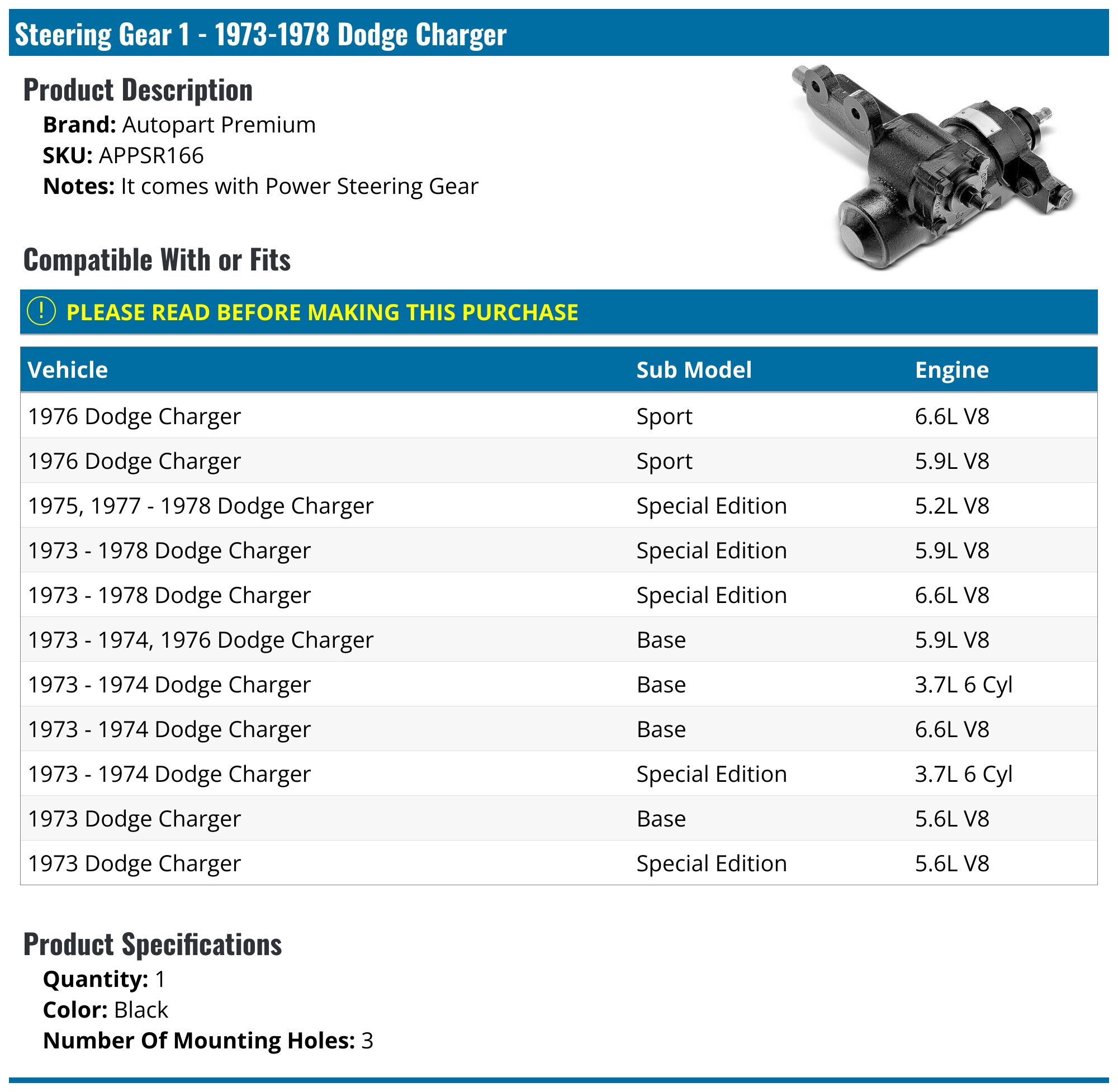 1973-1978 Dodge Charger Steering Gear - Autopart Premium APPSR166 ...