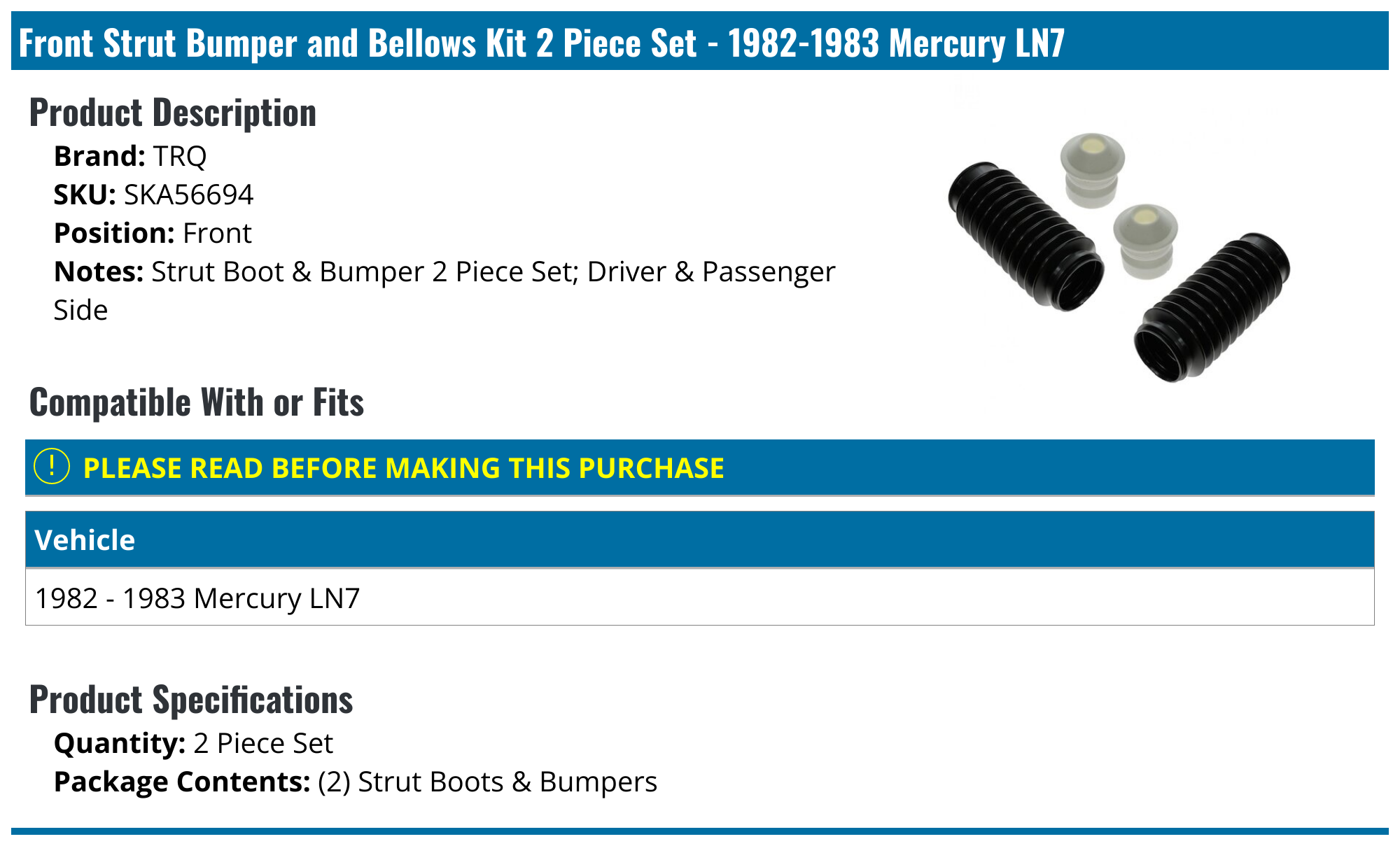 1982-1983 Mercury LN7 Strut Bumper and Bellows Kit - TRQ SKA56694 ...