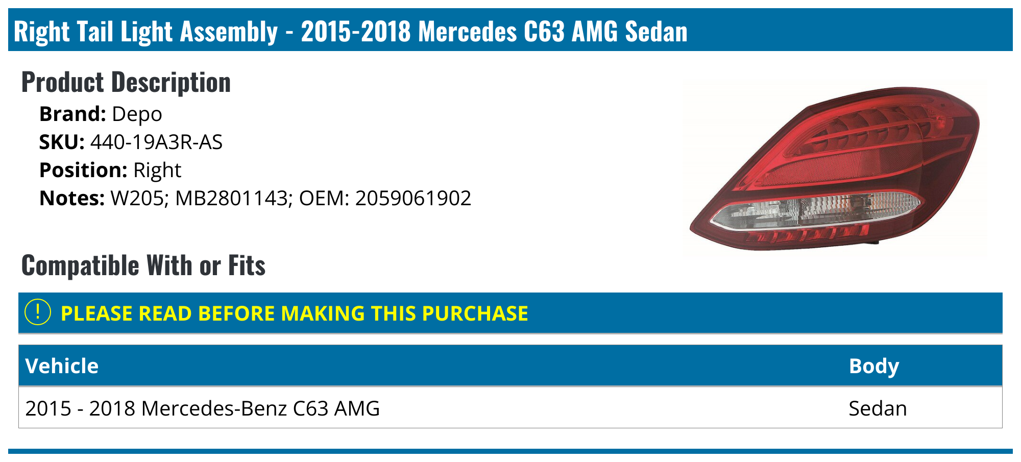 2016-2018 Mercedes C63 AMG Tail Light Assembly - Depo 440-19A3R-AS ...