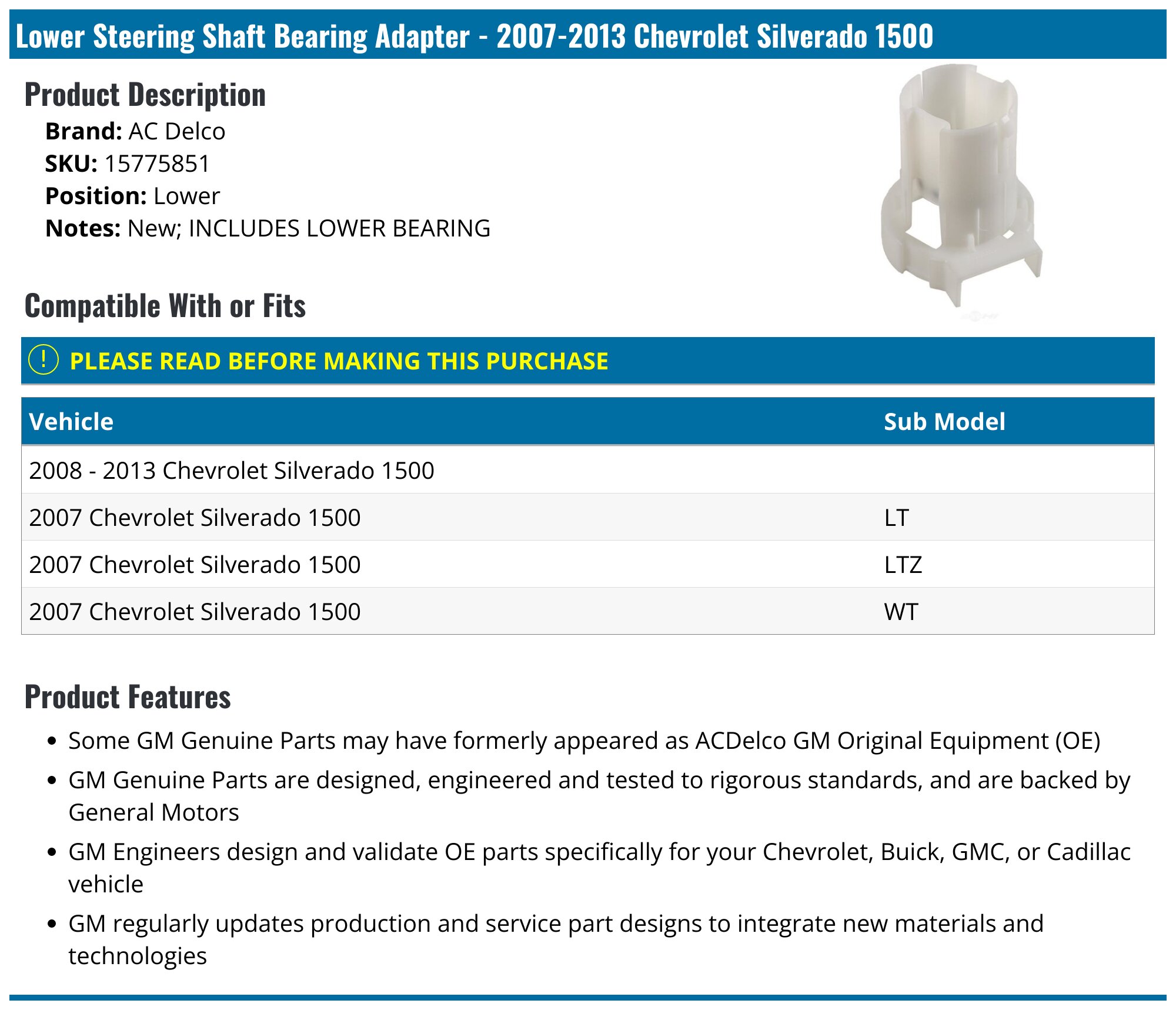 2007-2013 Chevrolet Silverado 1500 Steering Shaft Bearing Adapter - AC ...