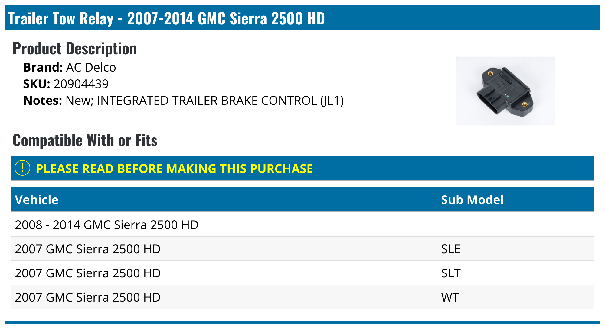 2007-2014 GMC Sierra 2500 HD Trailer Tow Relay - AC Delco 20904439 ...