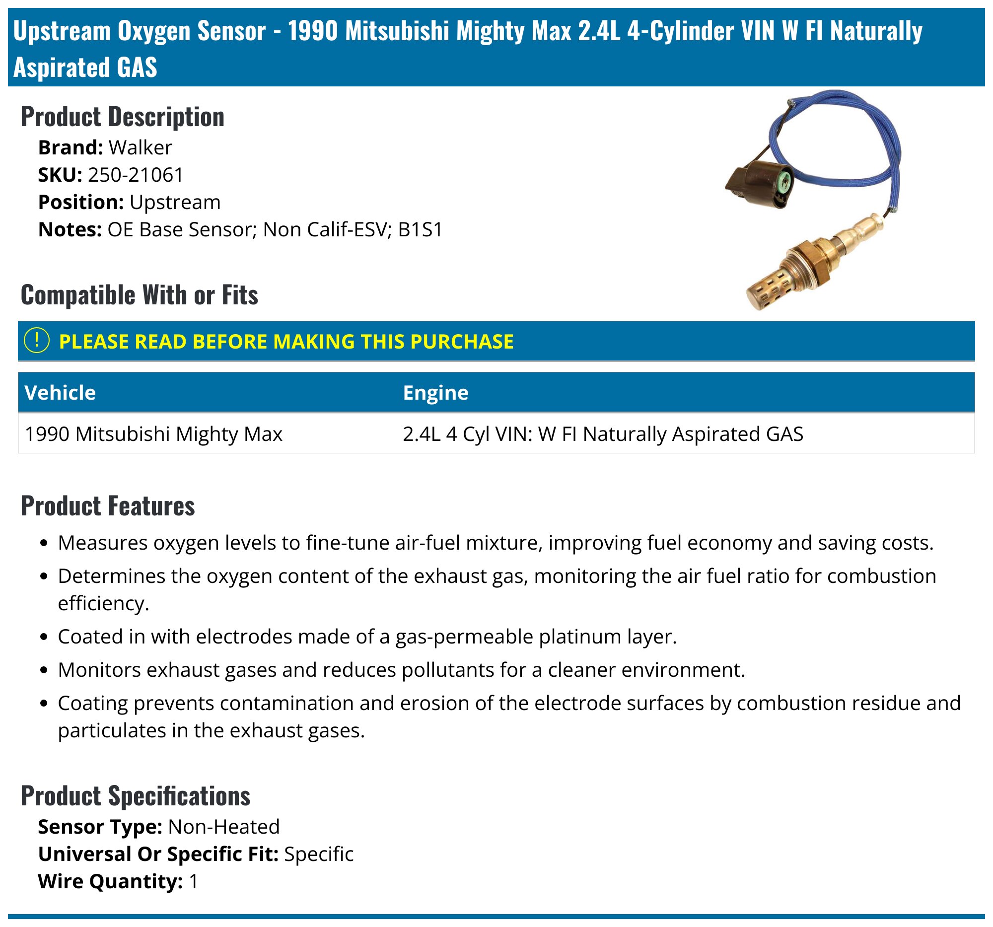 1990 Mitsubishi Mighty Max Oxygen Sensor - Walker 250-21061 - Upstream ...
