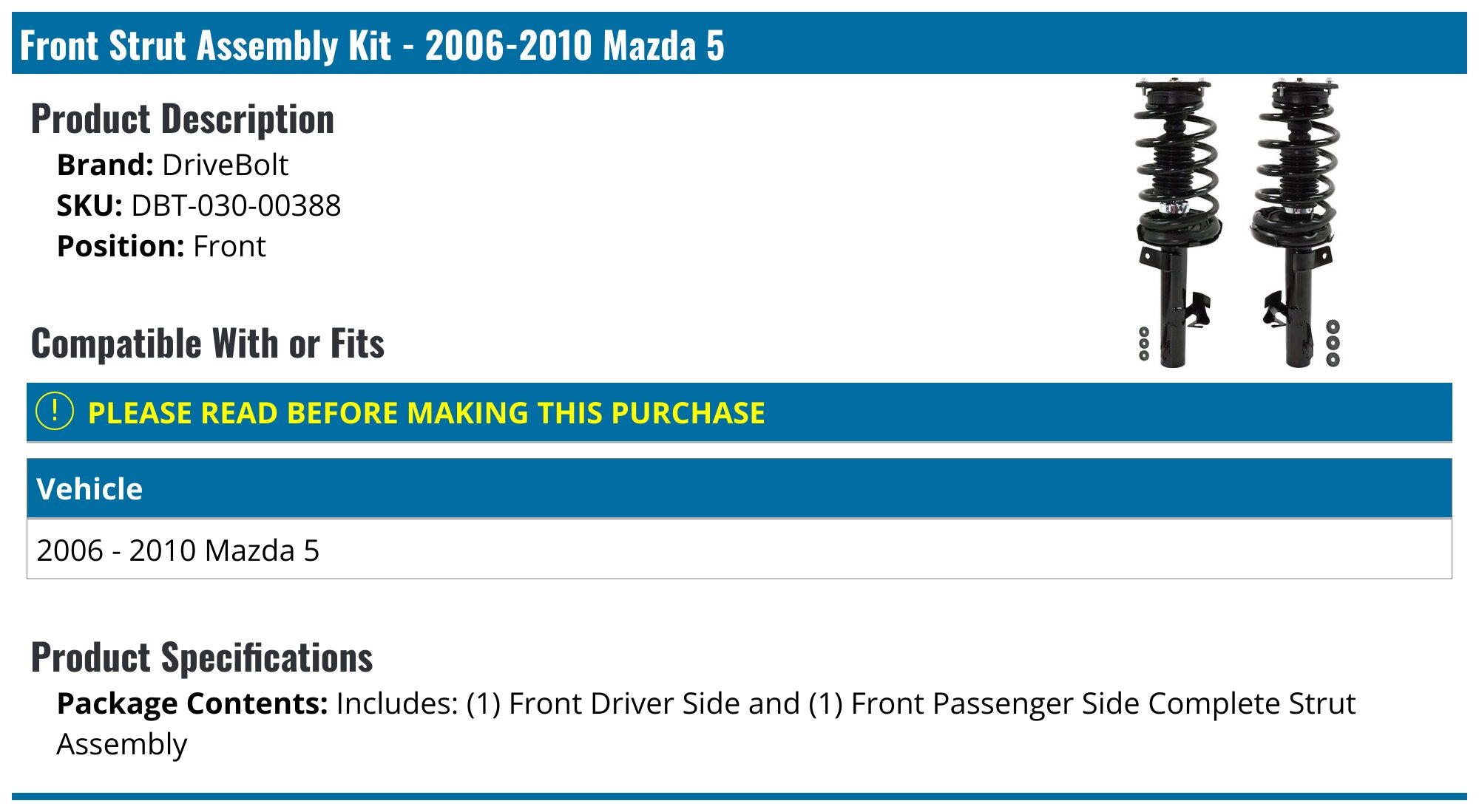 2006-2010 Mazda 5 Strut Assembly - DriveBolt DBT-030-00388 - Front ...