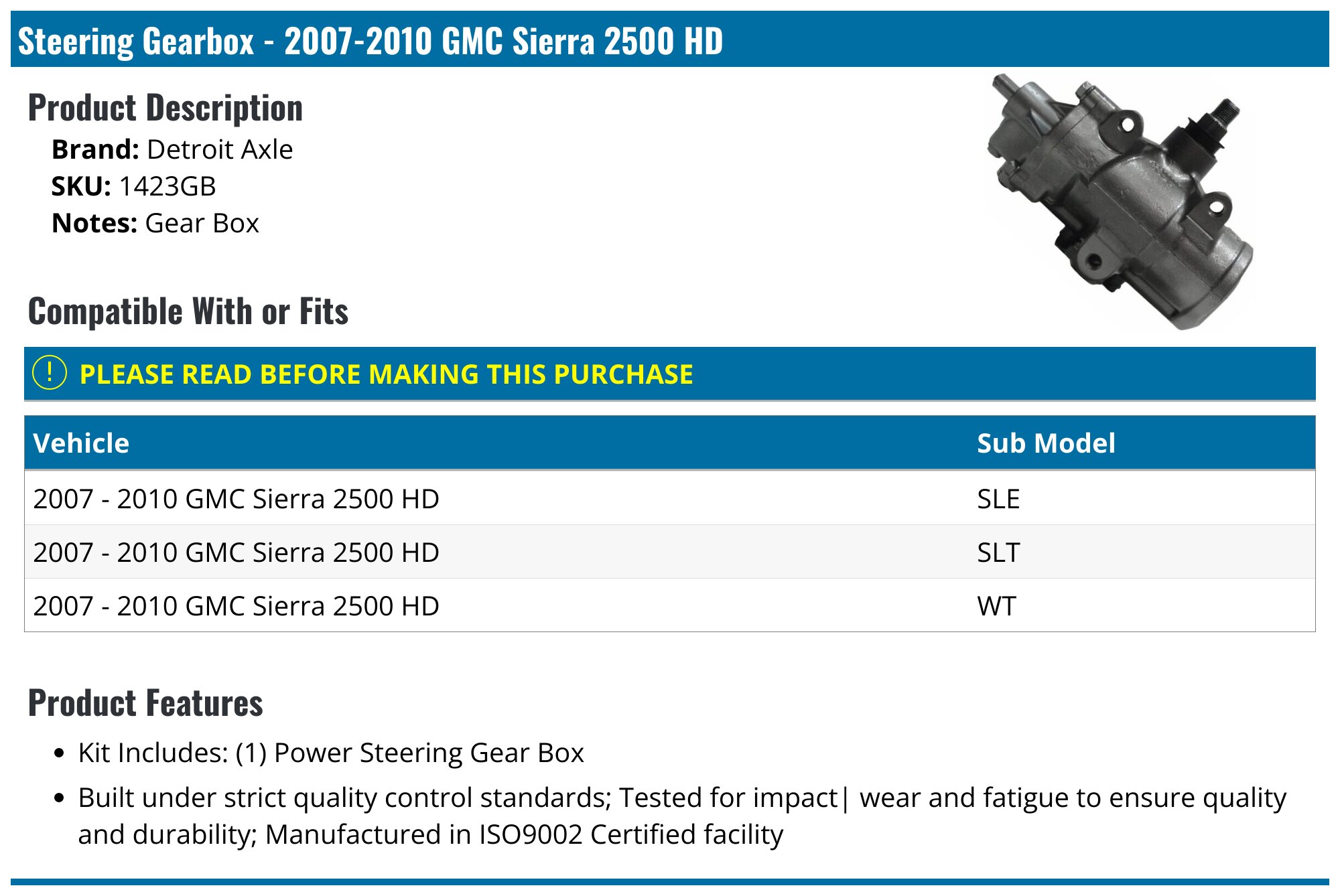 2007-2010 GMC Sierra 2500 HD Steering Gear - Detroit Axle 1423GB ...