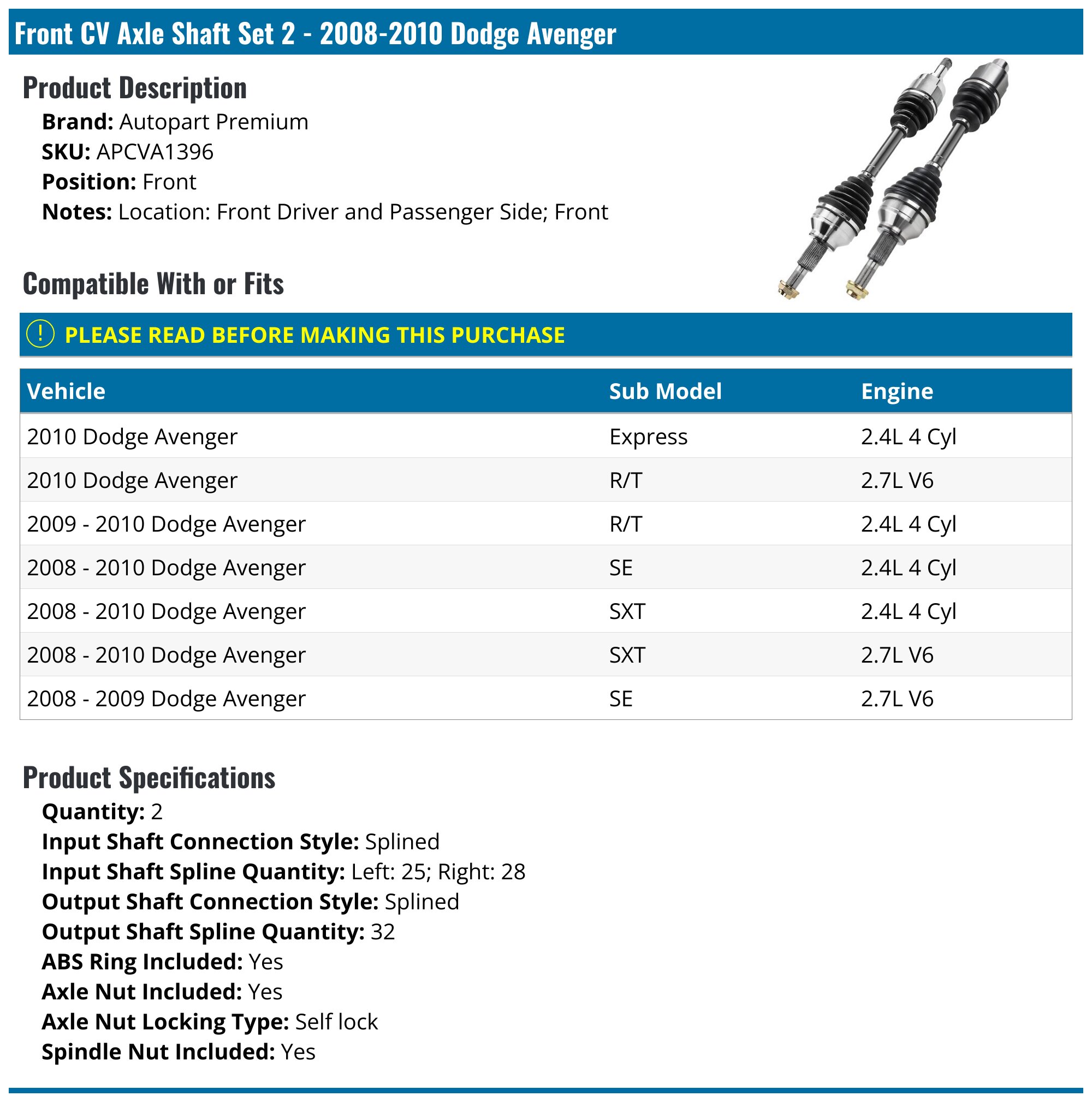 2008-2010 Dodge Avenger Axle Assembly - Autopart Premium APCVA1396 ...
