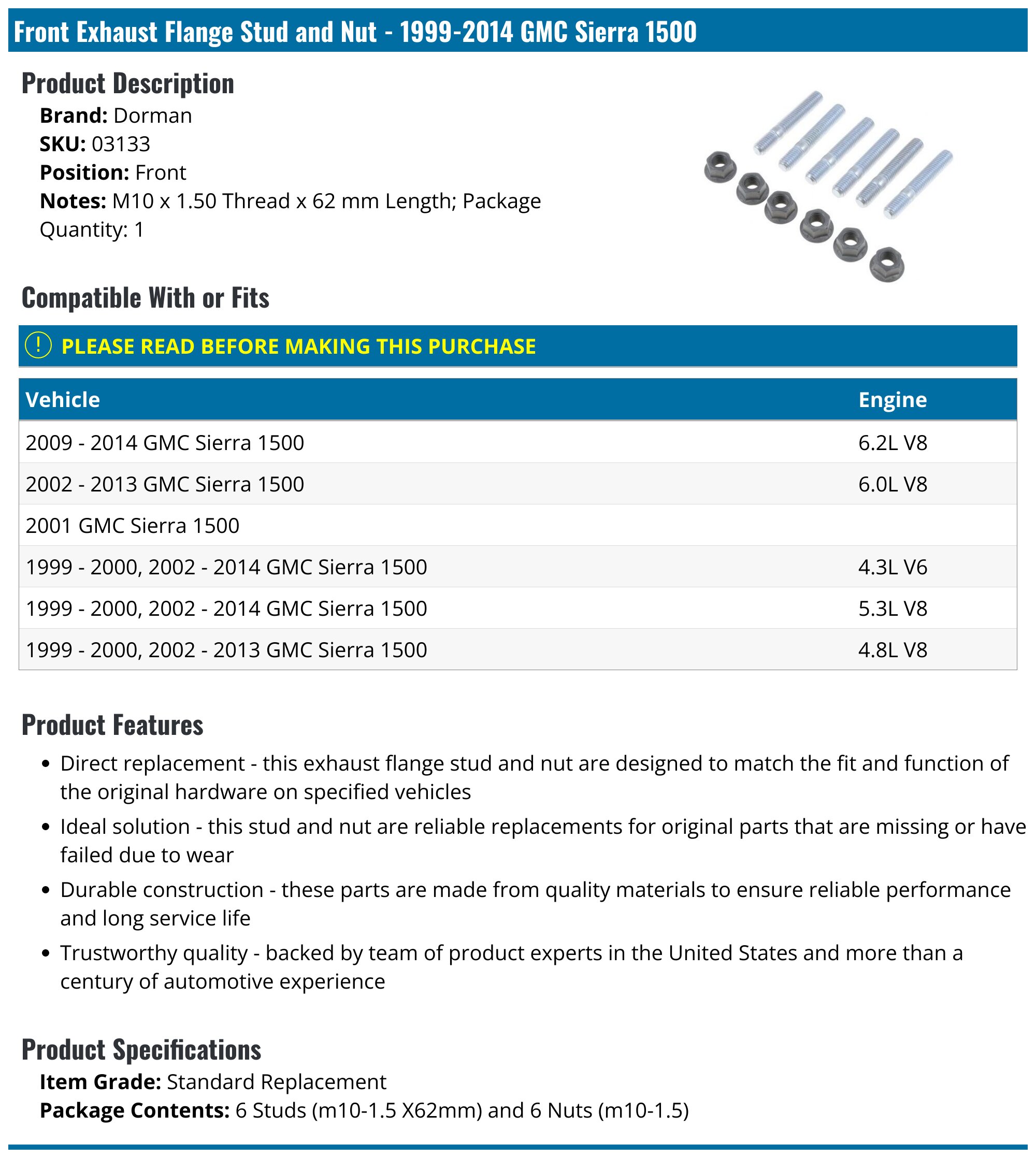 1999-2021 GMC Sierra 1500 Exhaust Flange Stud and Nut - Dorman 03133 ...