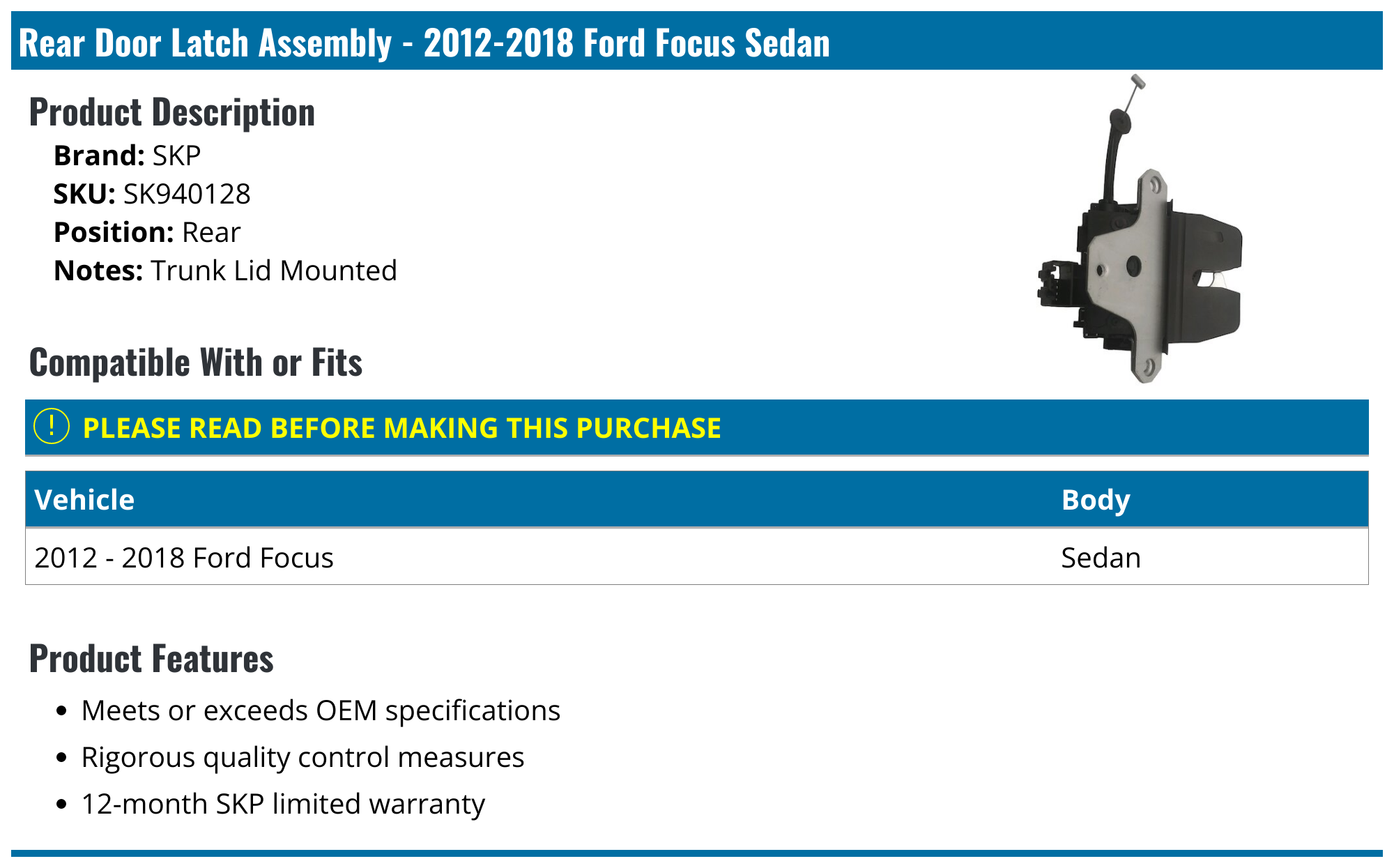 2012-2018 Ford Focus Door Latch Assembly - SKP SK940128 - Rear ...