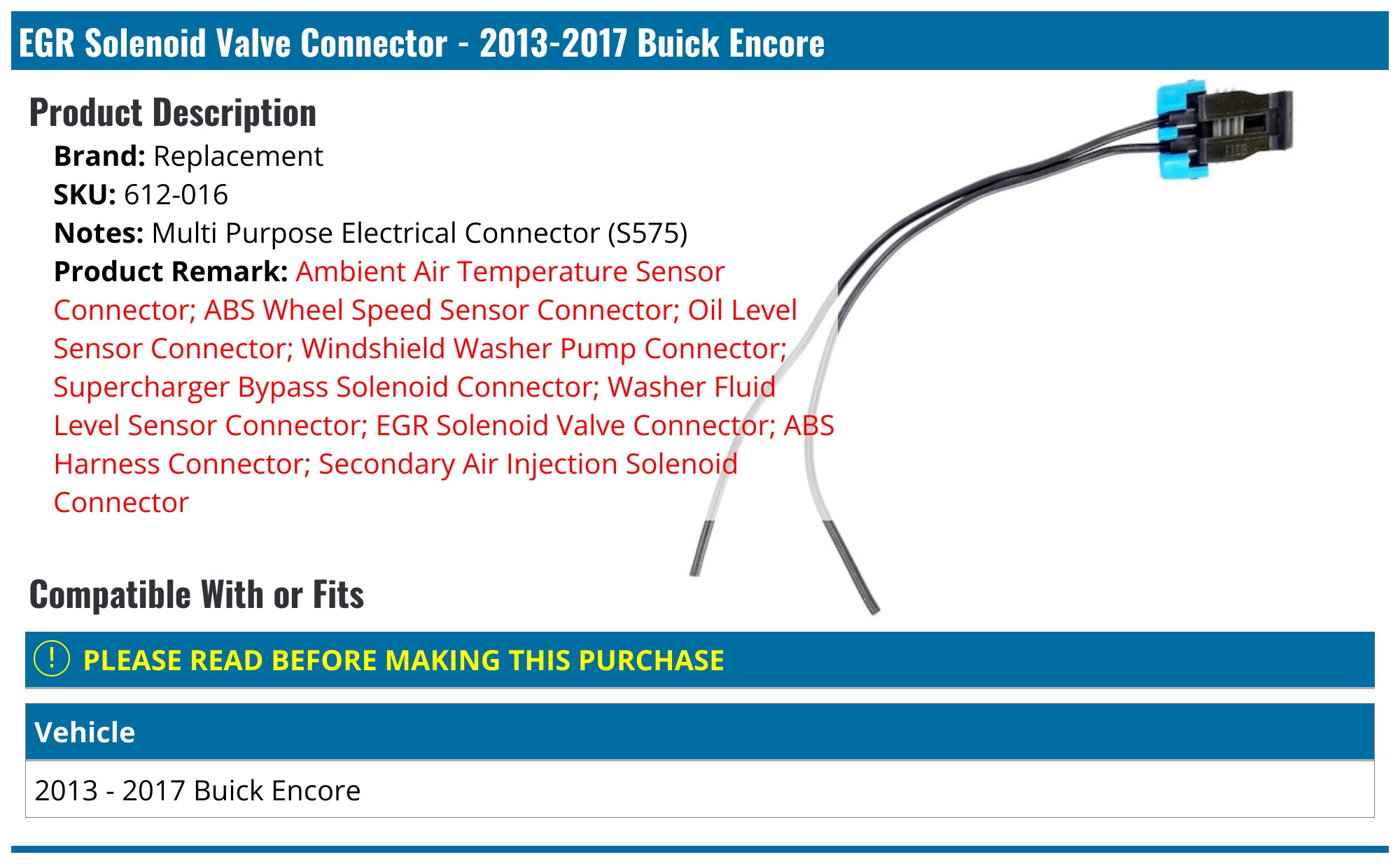 2013-2017 Buick Encore EGR Solenoid Valve Connector - Replacement 612 ...