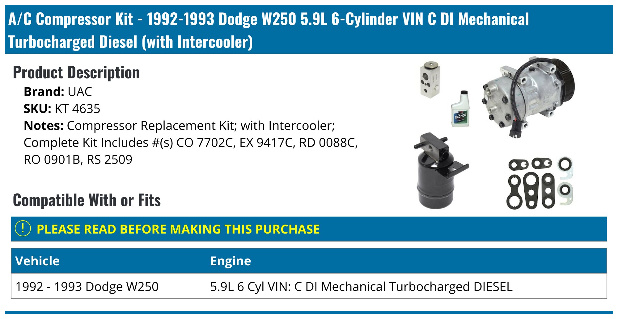 1992-1993 Dodge W250 A/C Compressor - UAC KT 4635 - PartsGeek.com