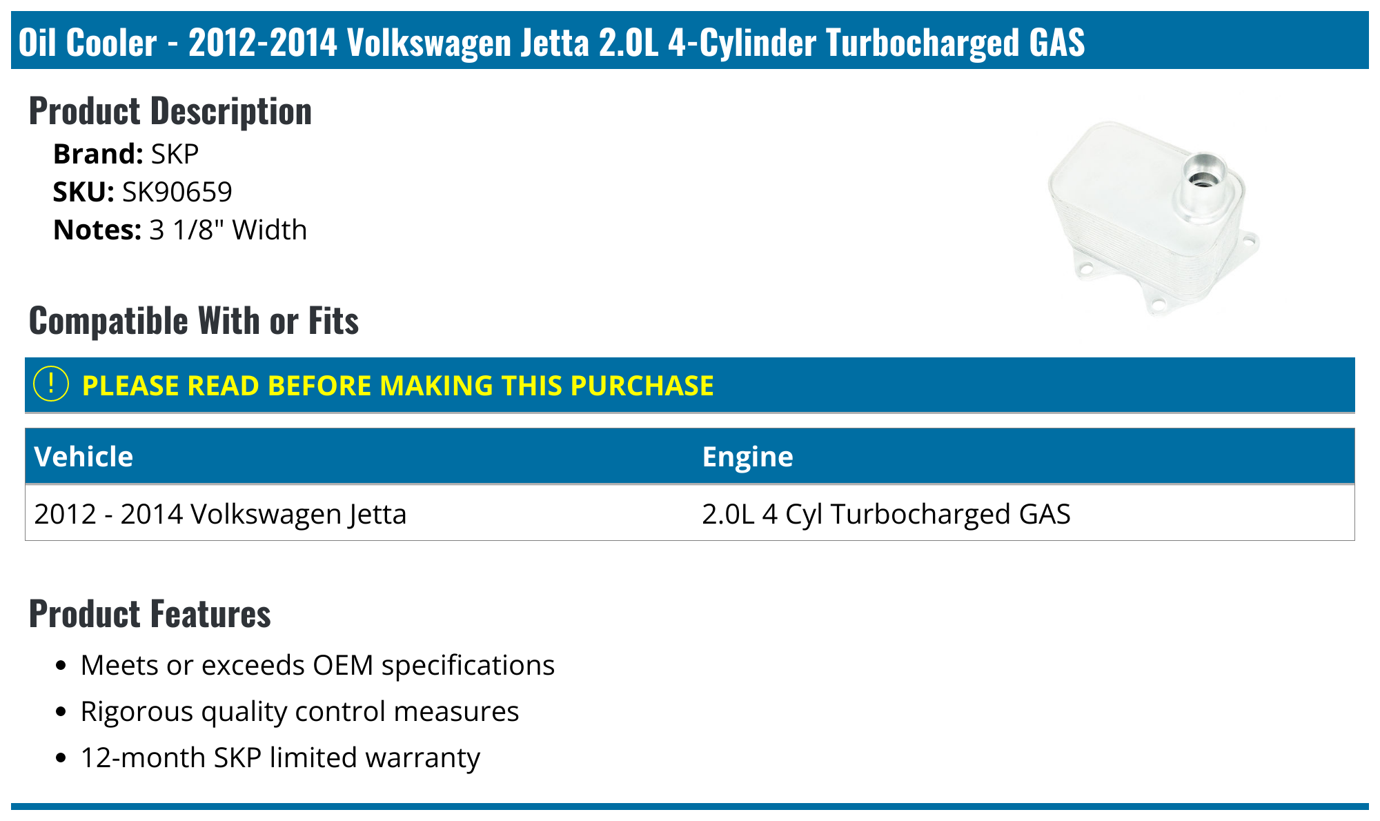 2012-2014 Volkswagen Jetta Oil Cooler - SKP SK90659 - PartsGeek.com