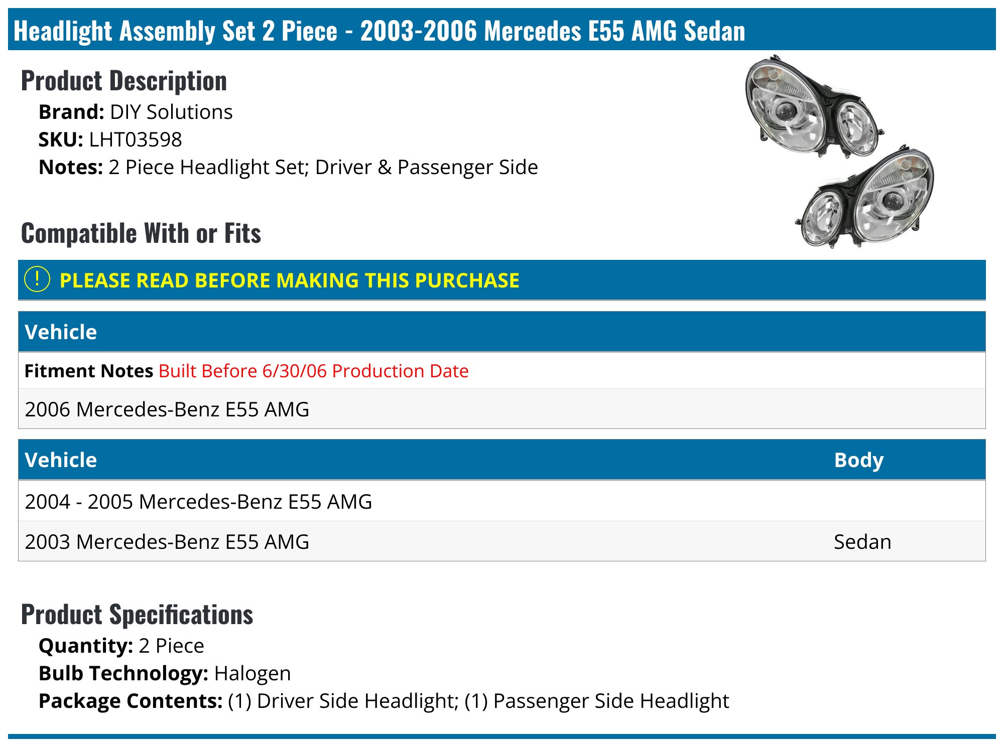2003-2006 Mercedes E55 AMG Headlight Assembly - DIY Solutions LHT03598 ...