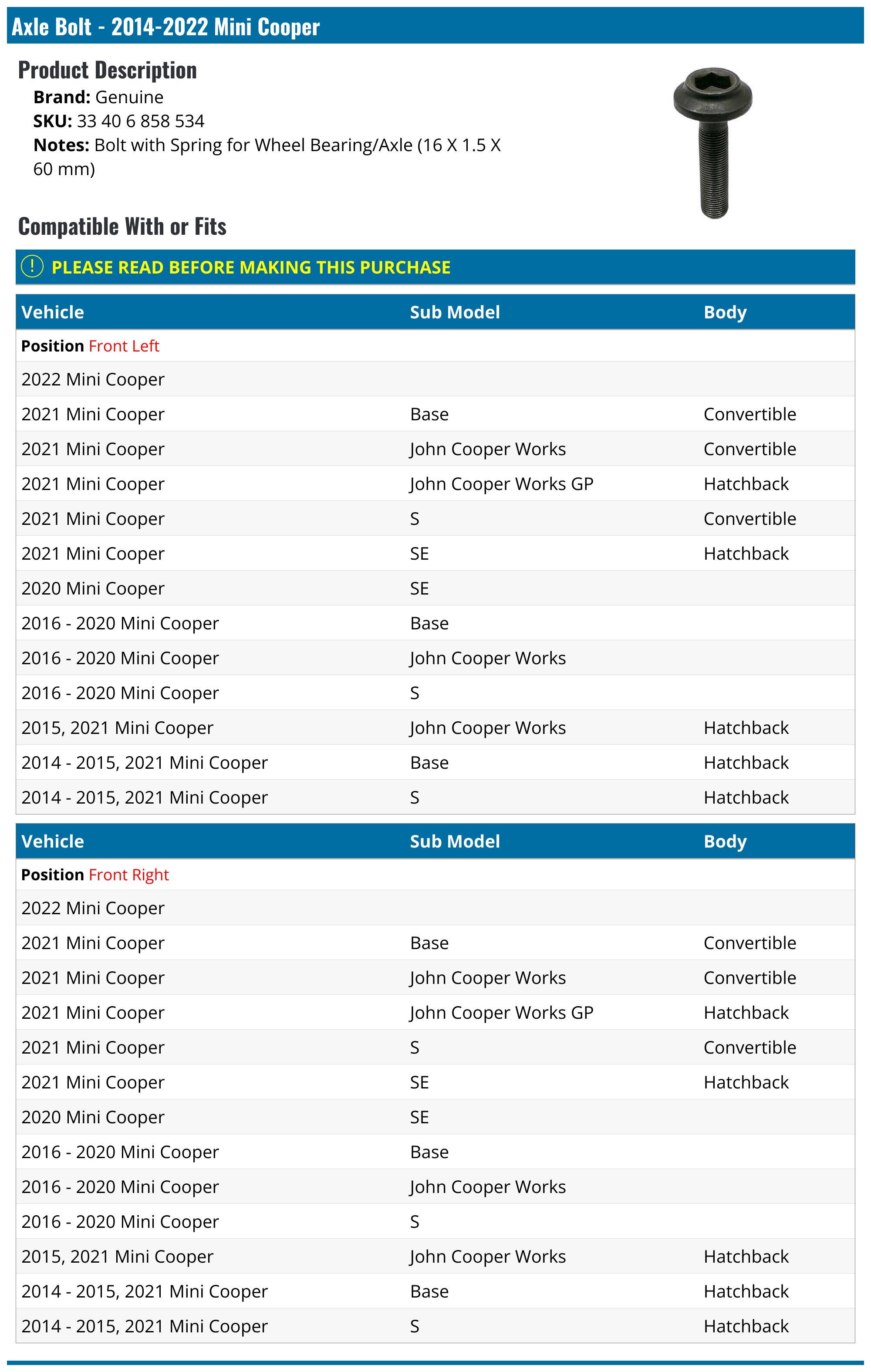 2014-2021 Mini Cooper Axle Bolt - Genuine 33 40 6 858 534 - Front Left ...