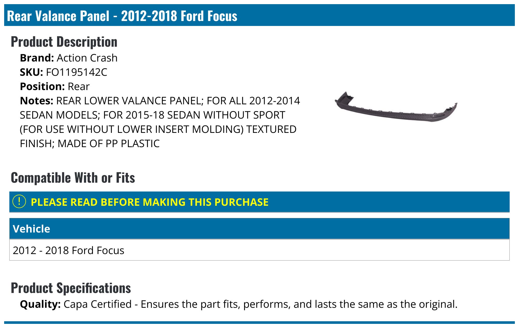 2012-2018 Ford Focus Valance Panel - Action Crash FO1195142C - Rear ...