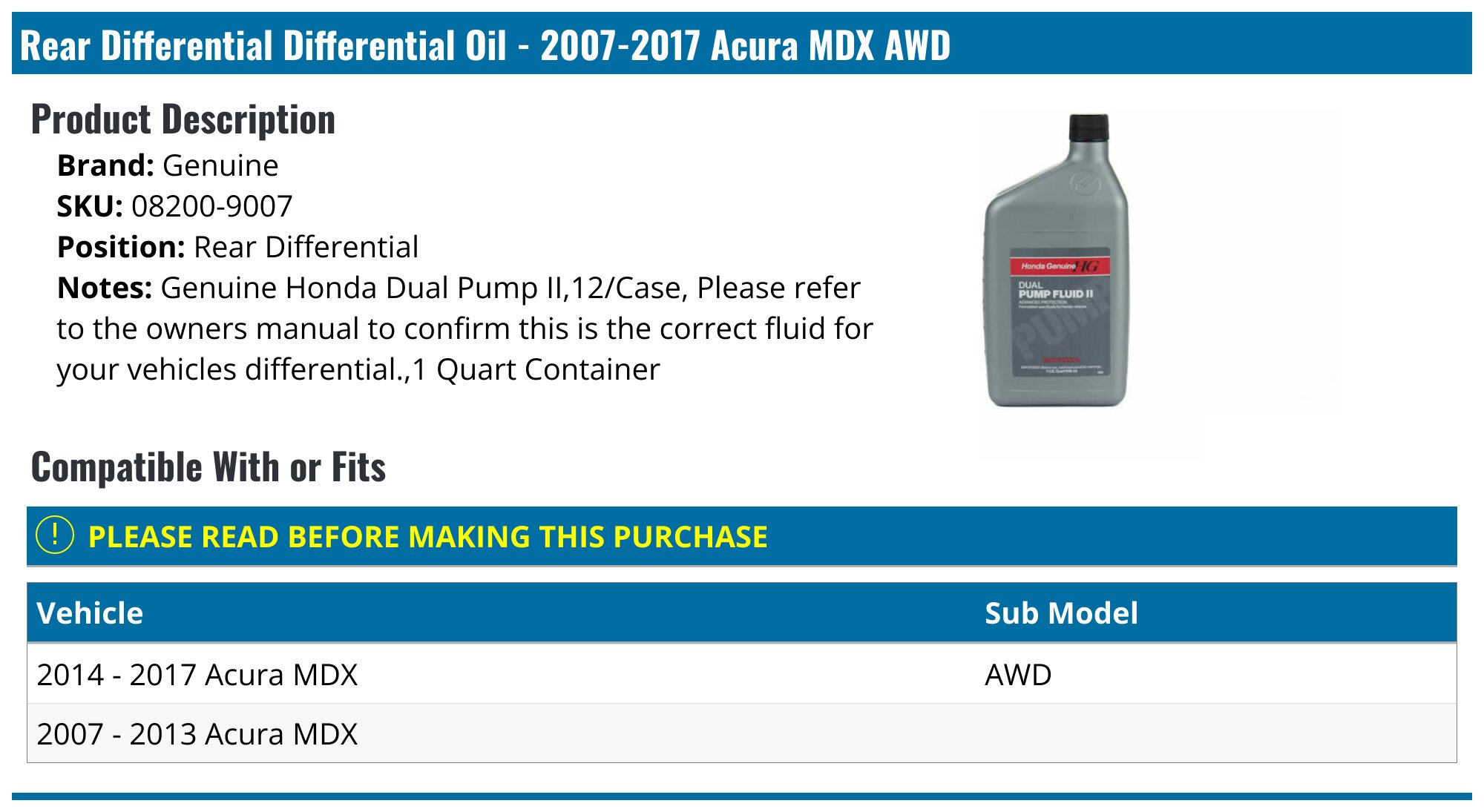 2007-2017 Acura MDX Differential Oil - Genuine 08200-9007 - Rear ...