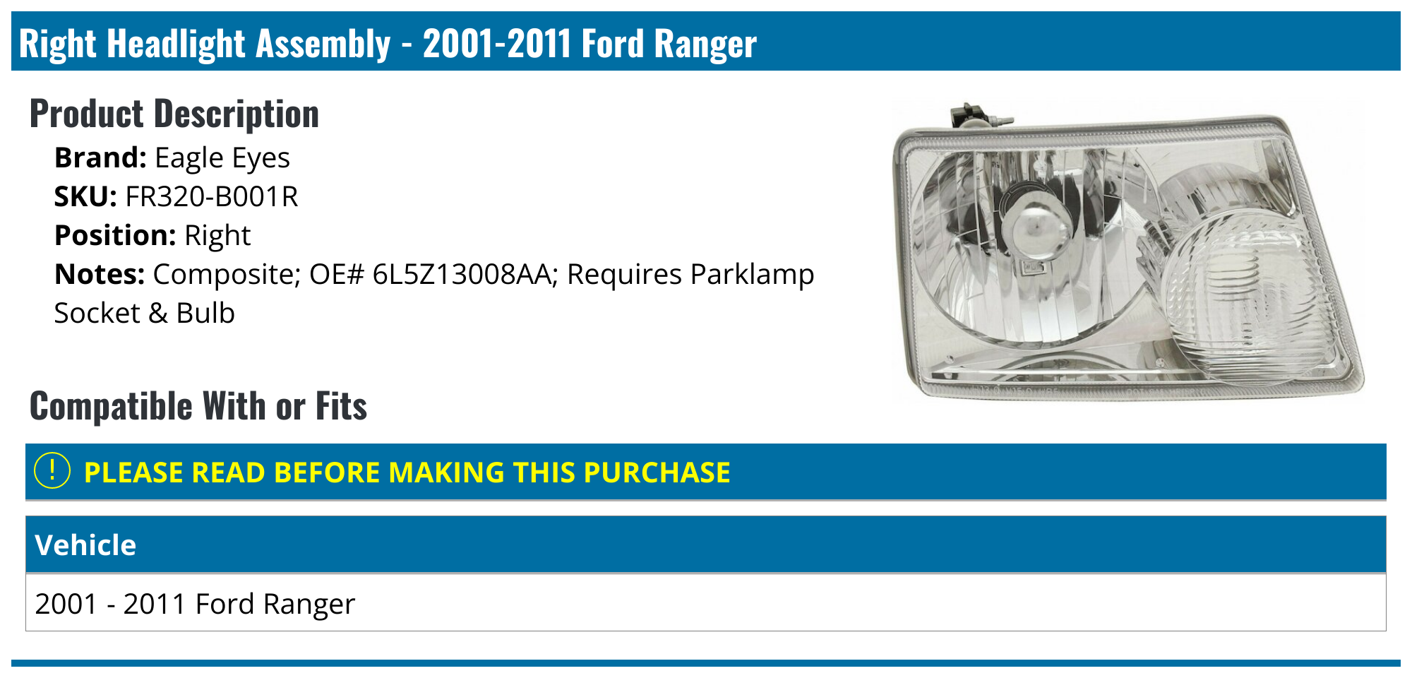 2001-2011 Ford Ranger Headlight Assembly - Eagle Eyes FR320-B001R ...
