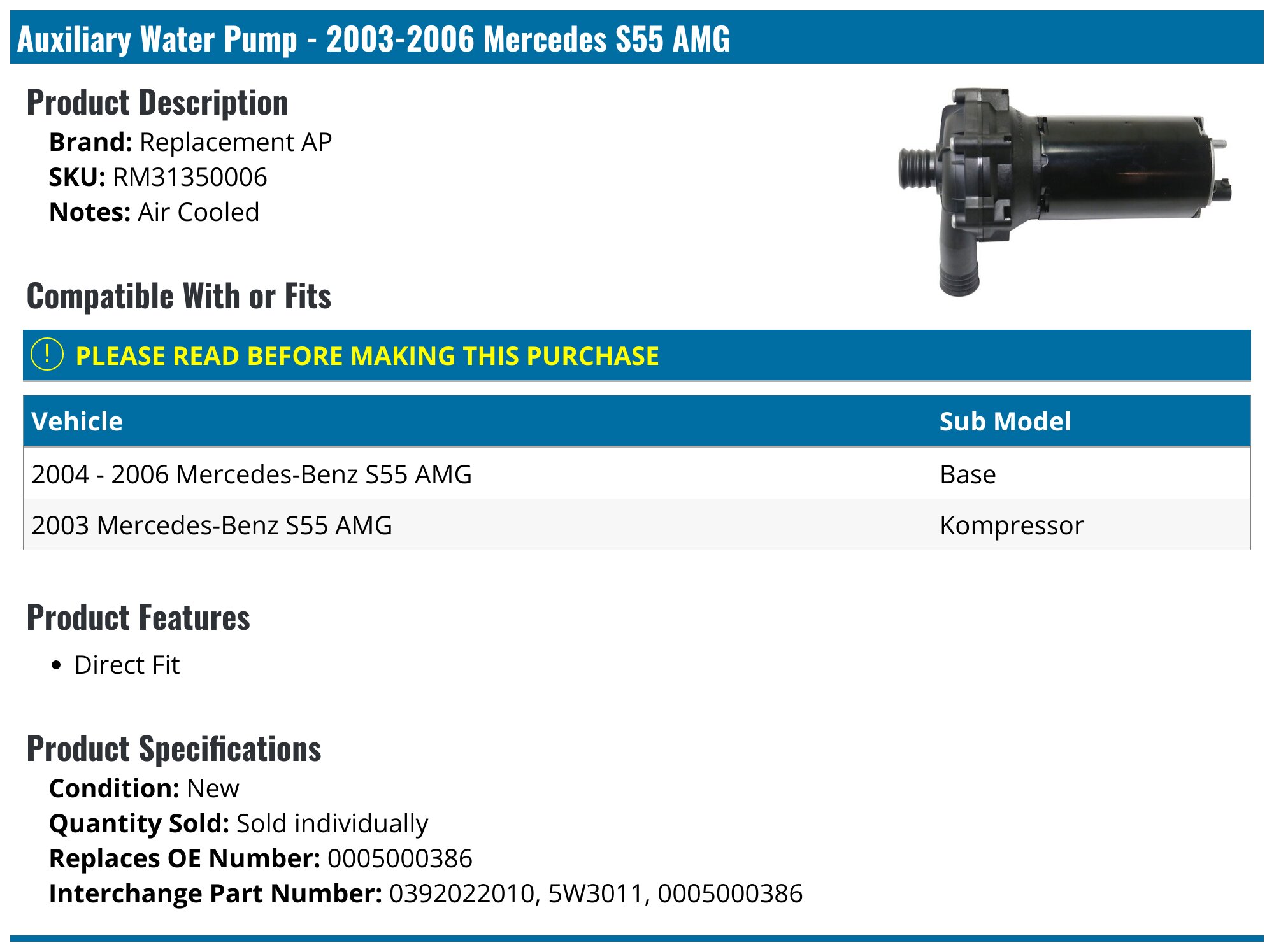 2003-2006 Mercedes S55 AMG Water Pump - Replacement AP RM31350006 ...