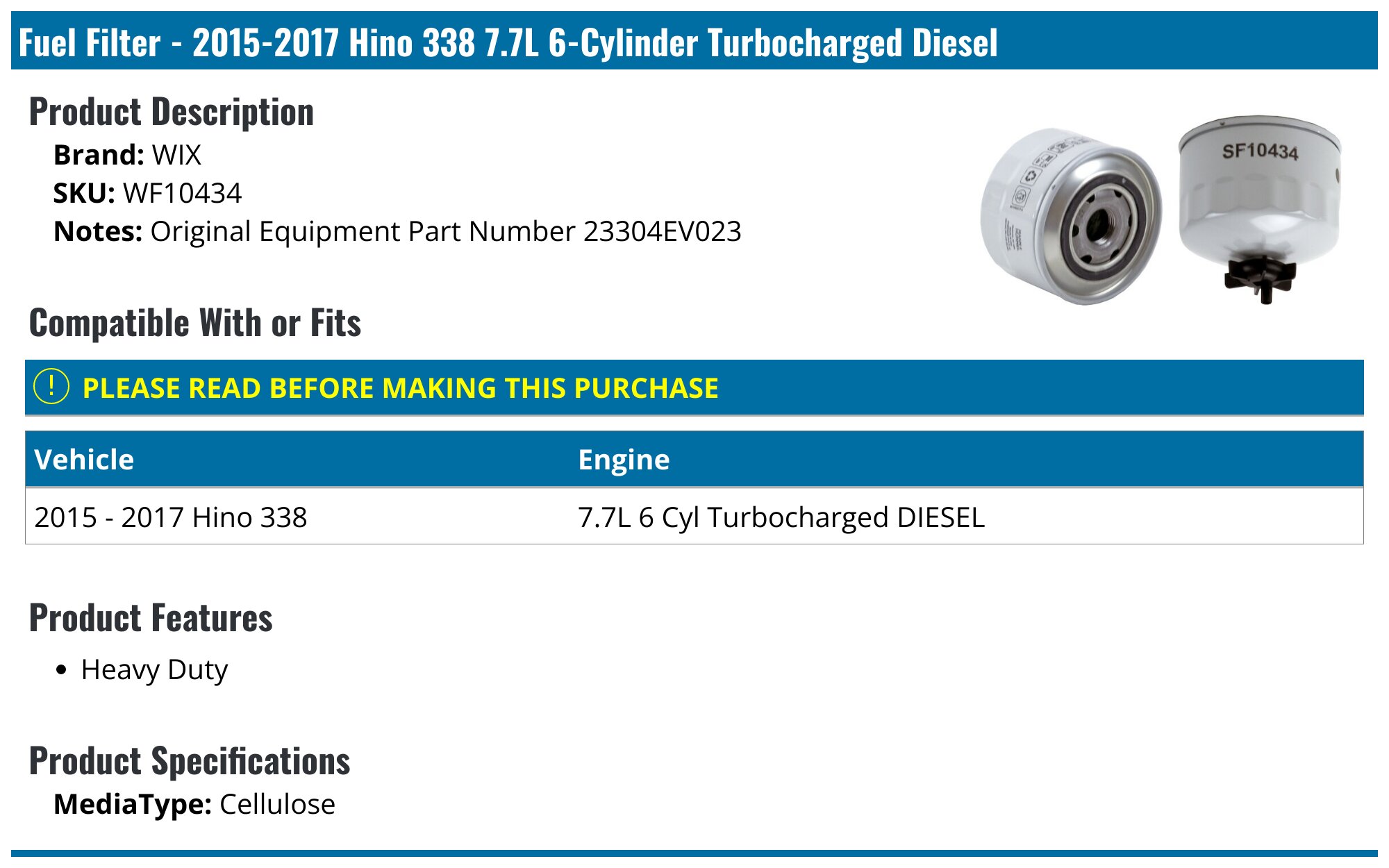 2015-2017 Hino 338 Fuel Filter - WIX WF10434 - - PartsGeek.com