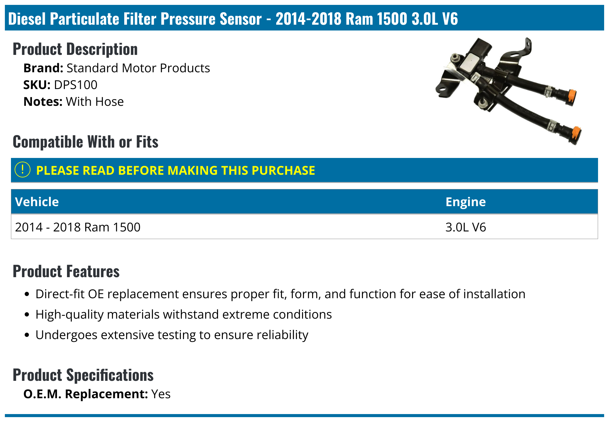 2014-2018 Ram 1500 Diesel Particulate Filter Pressure Sensor - Standard ...