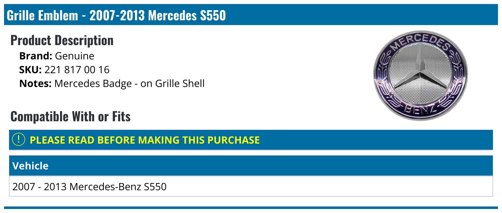 2007-2013 Mercedes S550 Grille Emblem - Genuine 221 817 00 16 ...