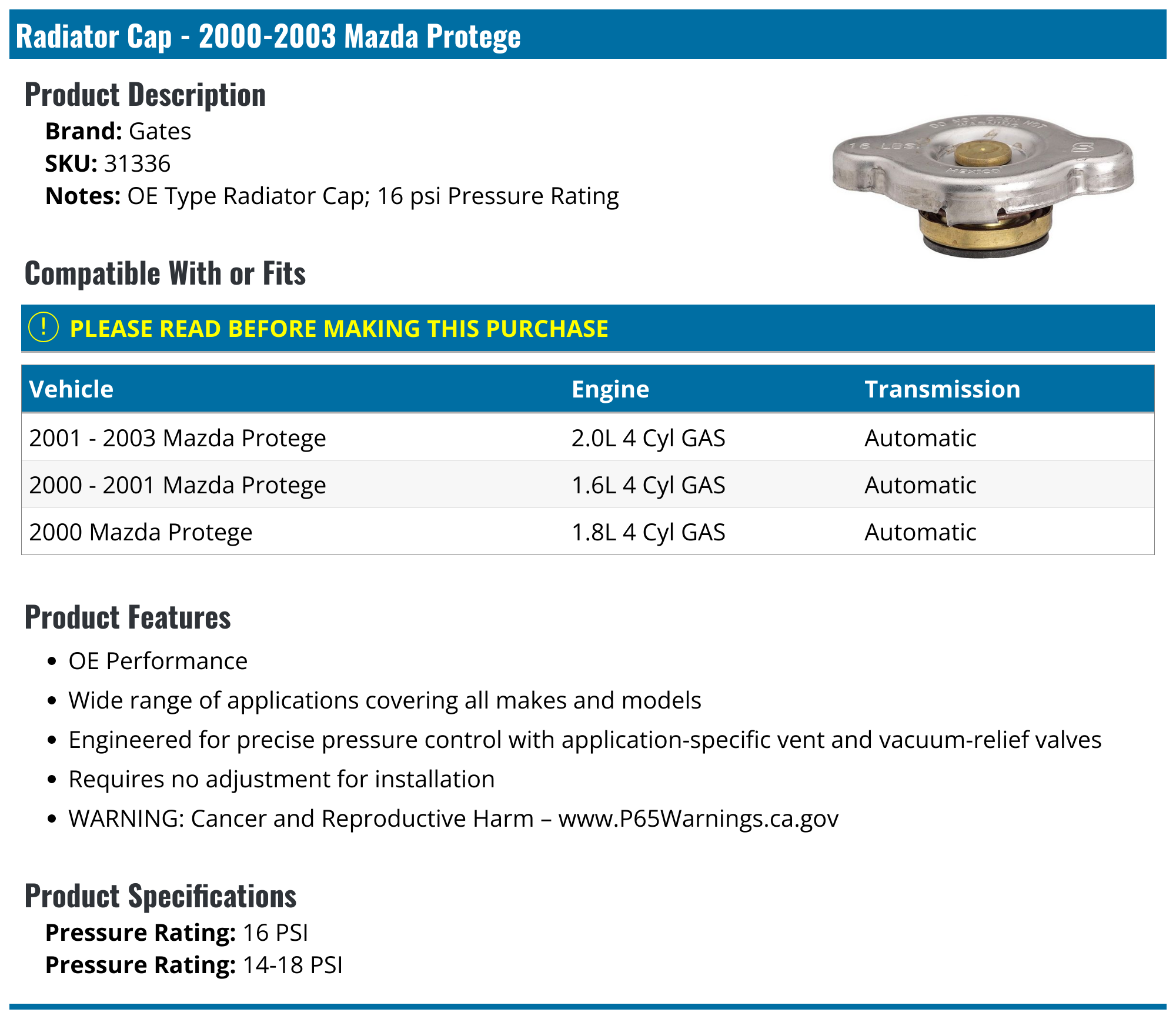 2000-2003 Mazda Protege Radiator Cap - Gates 31336 - PartsGeek.com