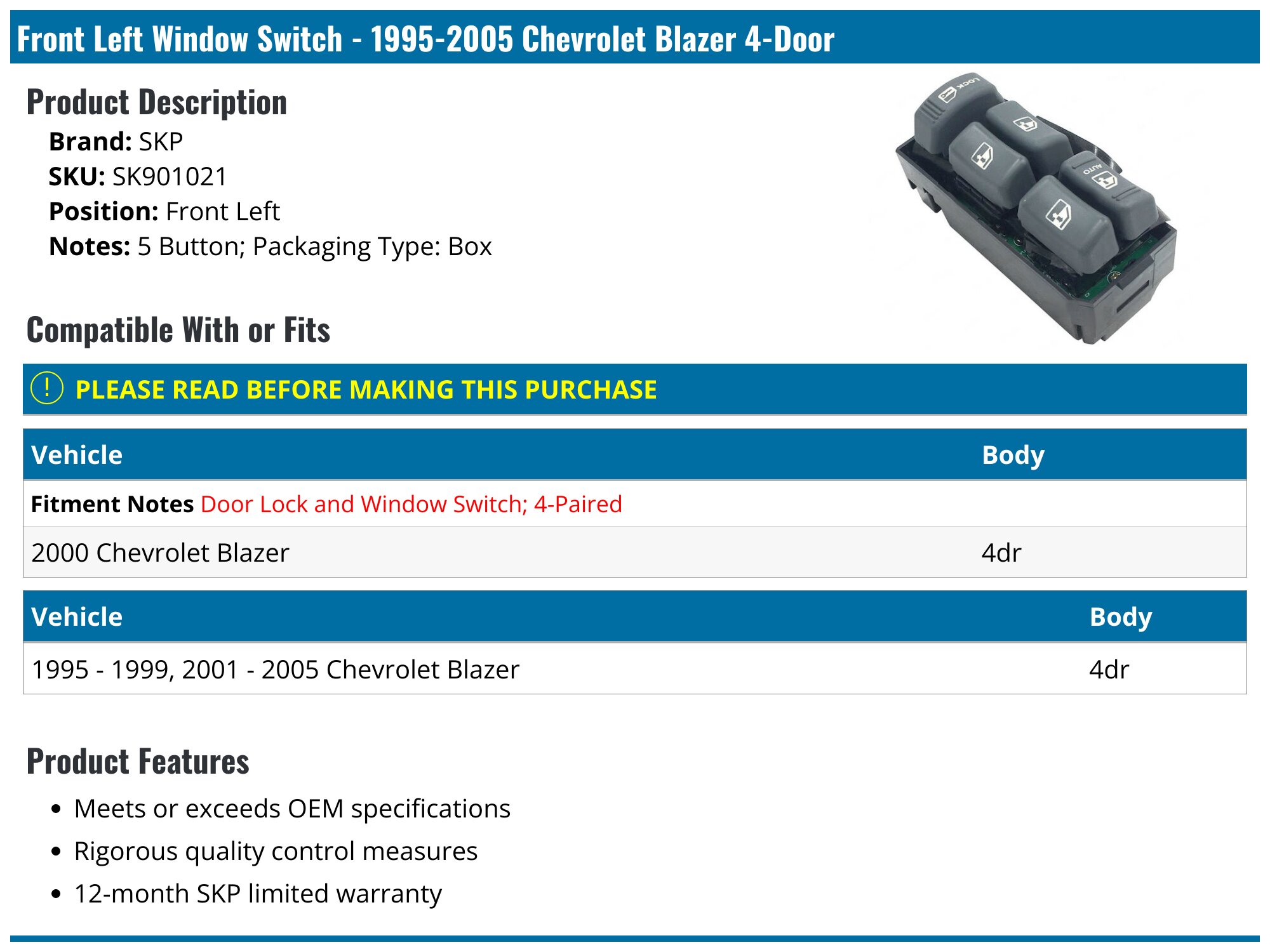 1995-2005 Chevrolet Blazer Window Switch - SKP SK901021 - Front Left ...