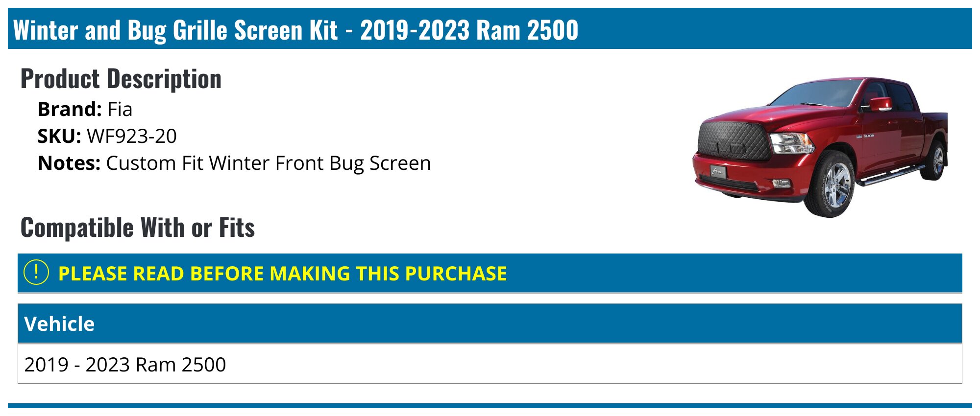2019-2024 Ram 2500 Winter and Bug Grille Screen Kit - Fia WF923-20 ...
