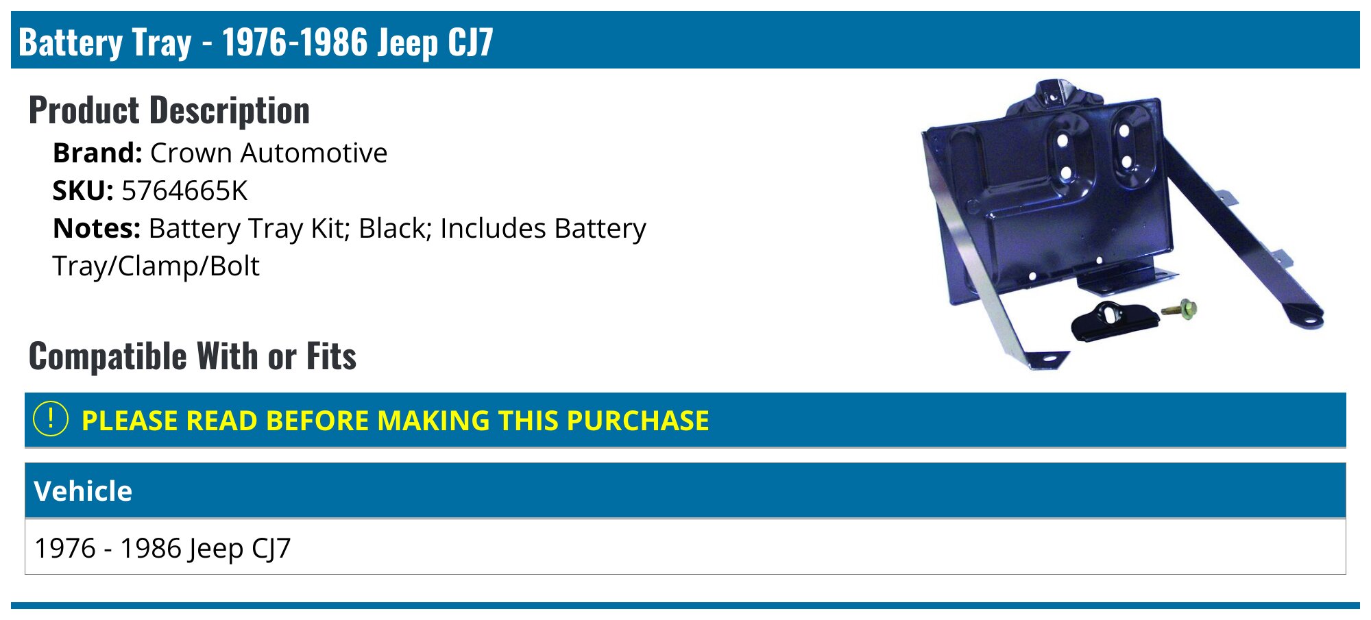 1976-1986 Jeep CJ7 Battery Tray - Crown Automotive 5764665K - PartsGeek.com
