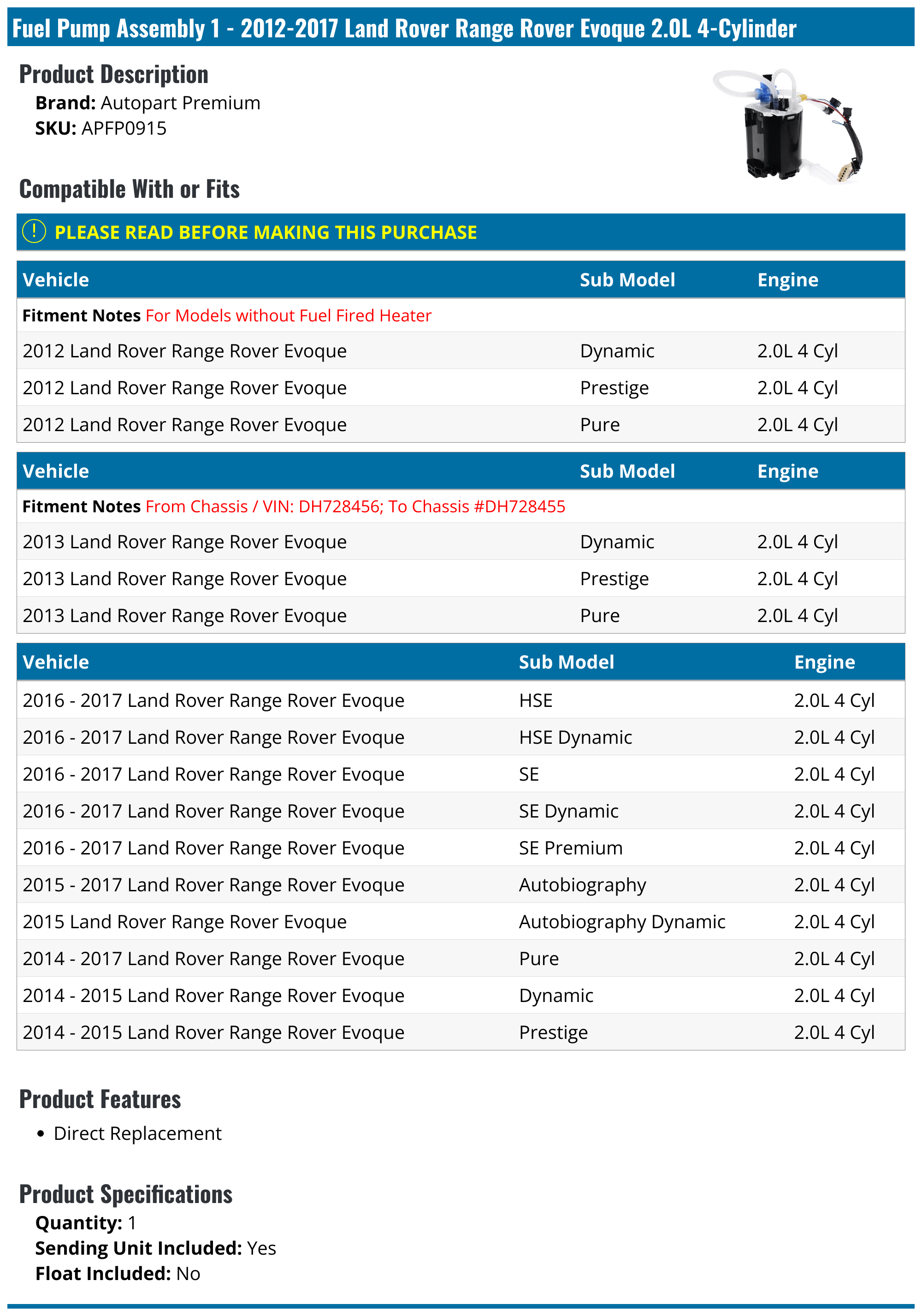 2012-2017 Land Rover Range Rover Evoque Fuel Pump - Autopart Premium ...