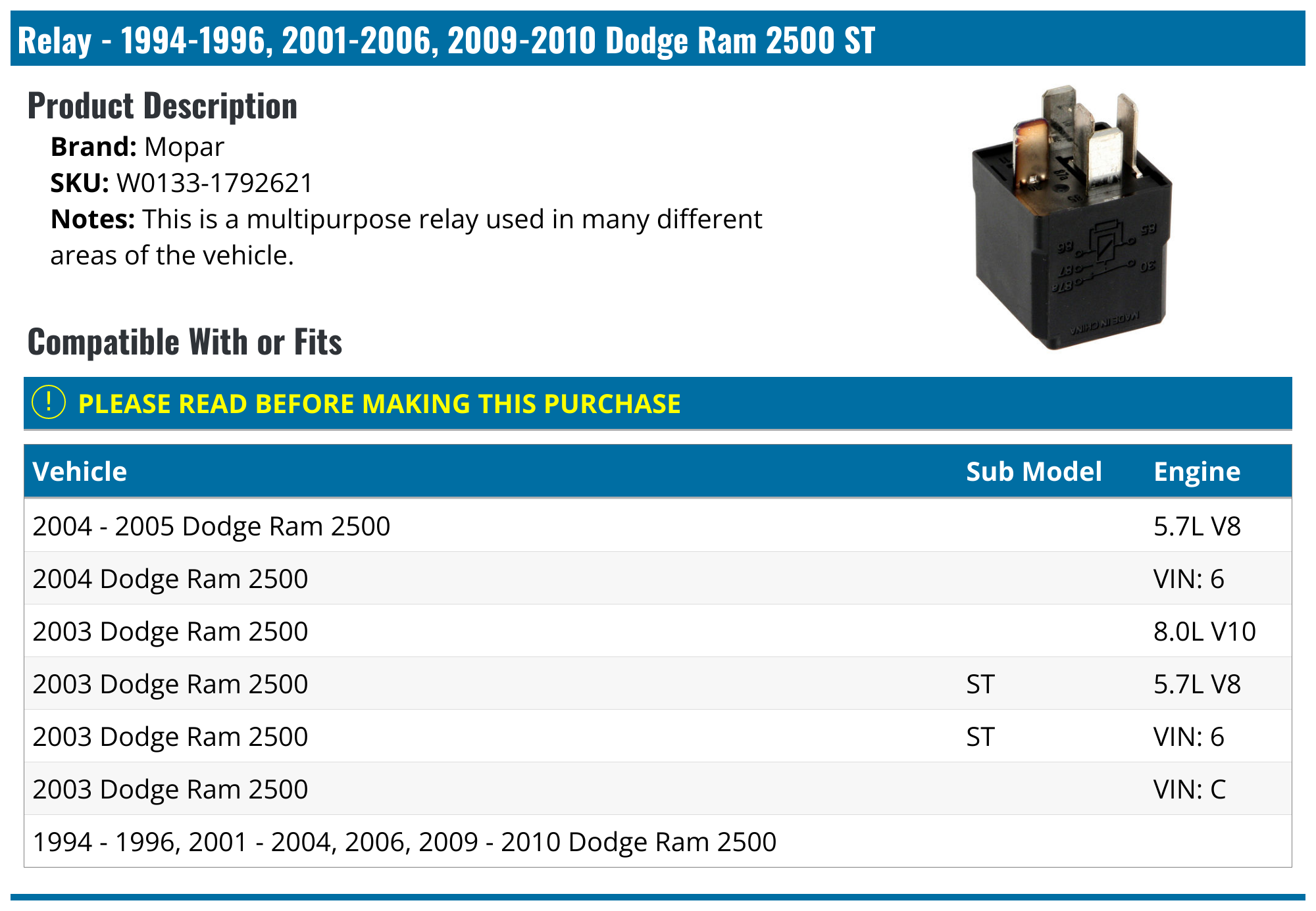 1994-1996, 2001-2010 Dodge Ram 2500 Relay - Mopar W0133-1792621 ...