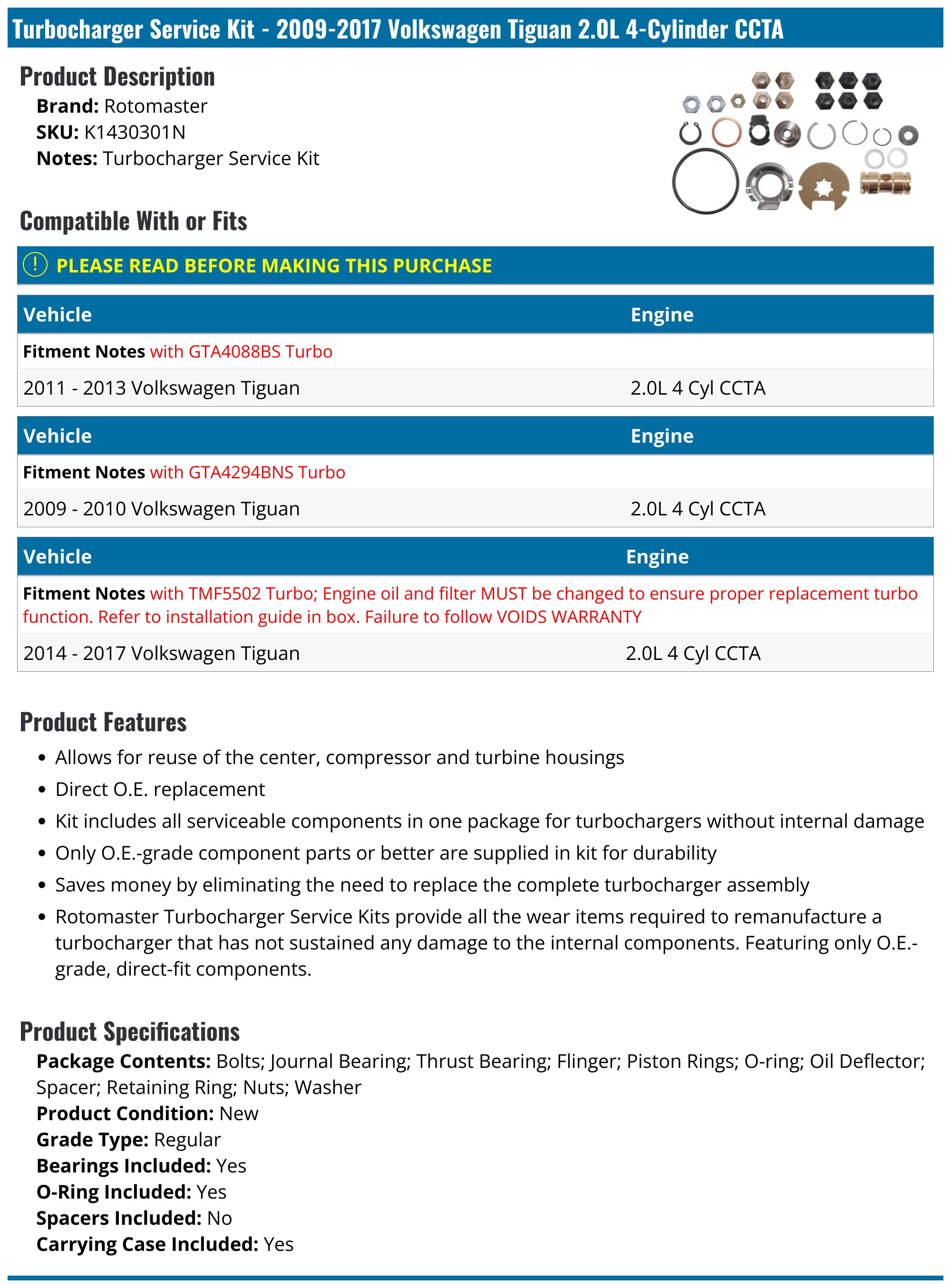 2009-2017 Volkswagen Tiguan Turbocharger Service Kit - Rotomaster ...