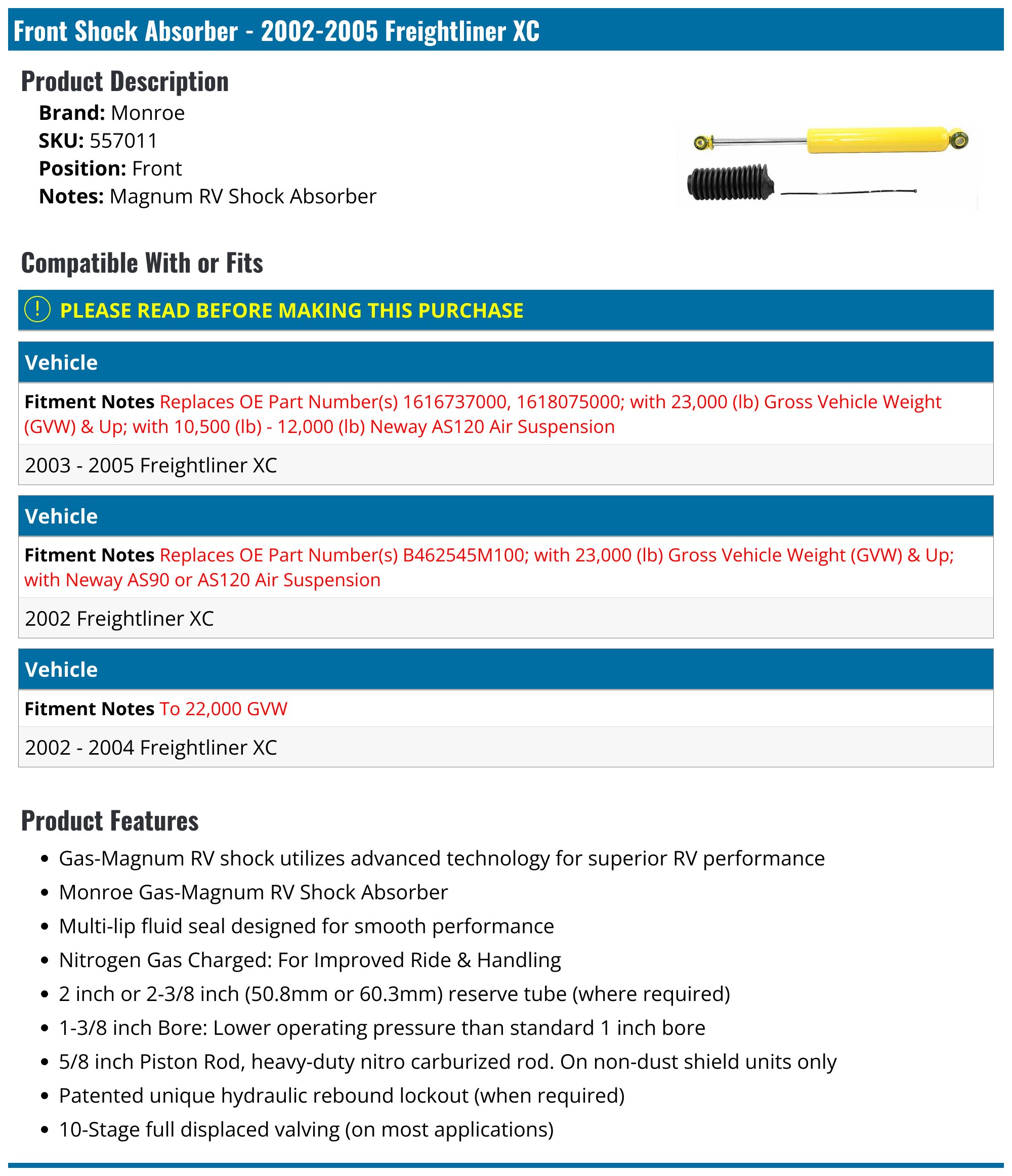 2002-2005 Freightliner XC Shock Absorber - Monroe 557011 - Front ...