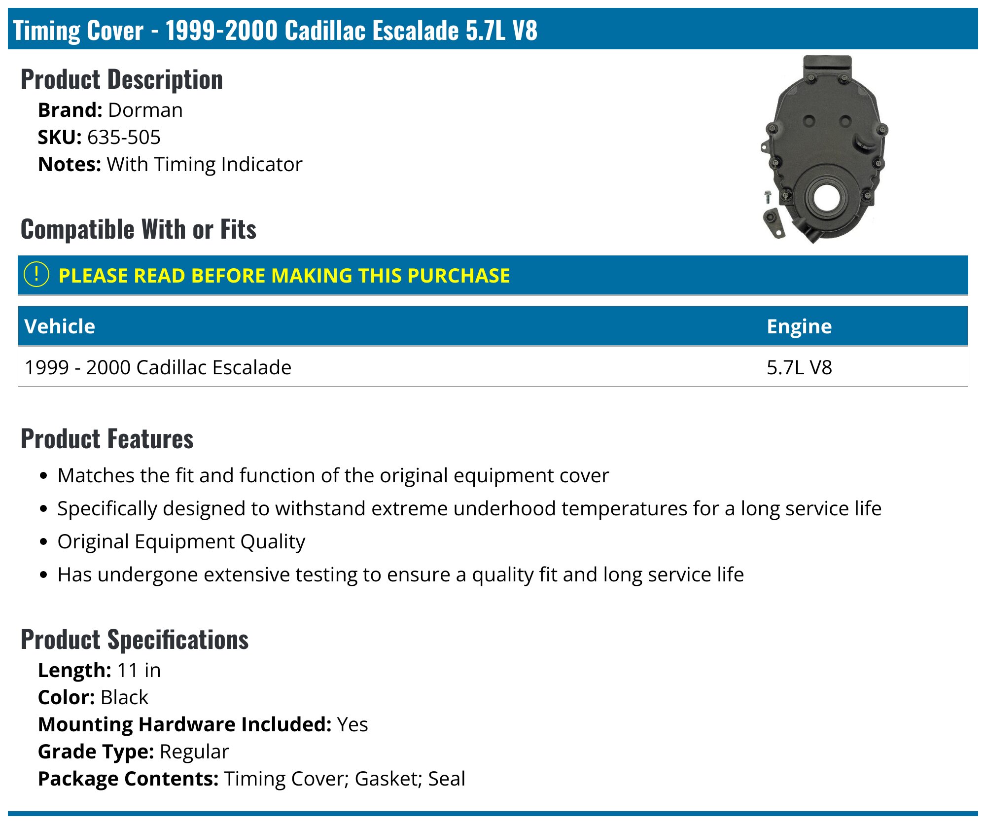 1999-2000 Cadillac Escalade Timing Cover - Dorman 635-505 - PartsGeek.com
