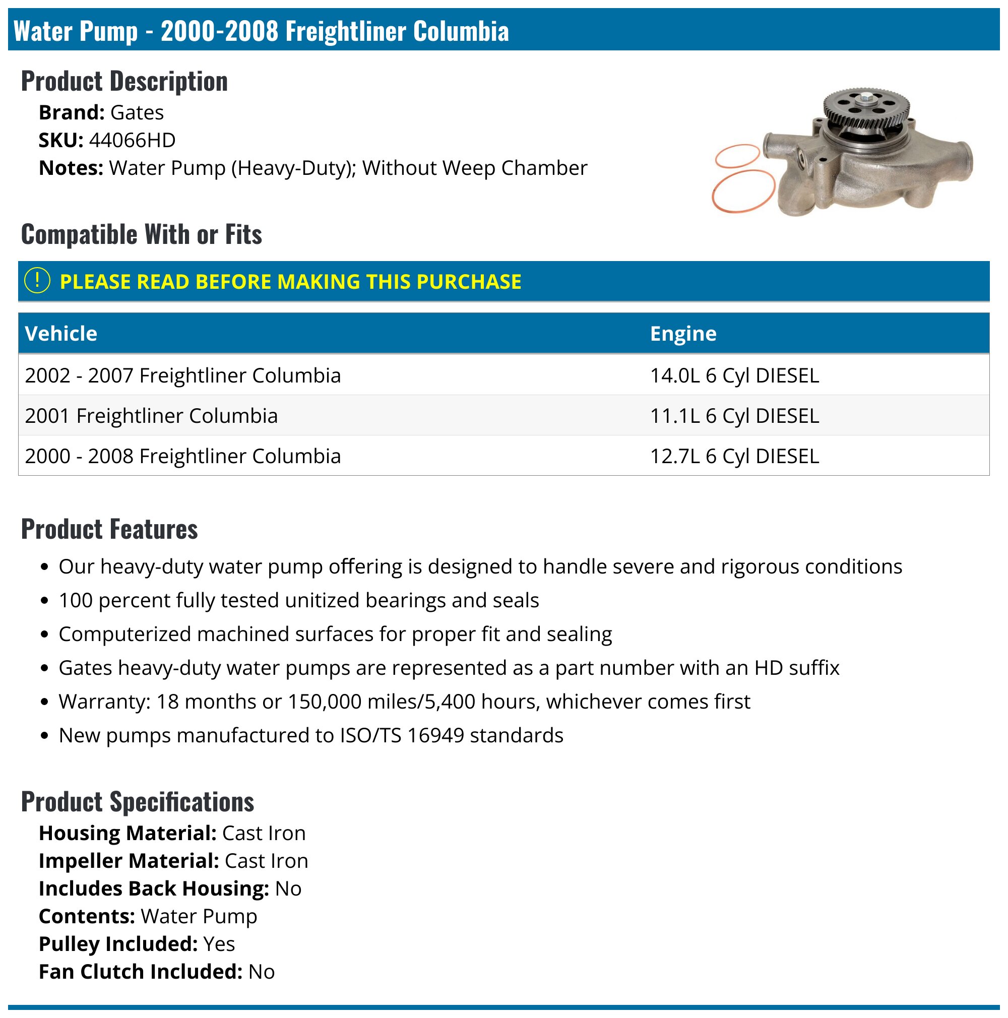 2000-2008 Freightliner Columbia Water Pump - Gates 44066HD ...