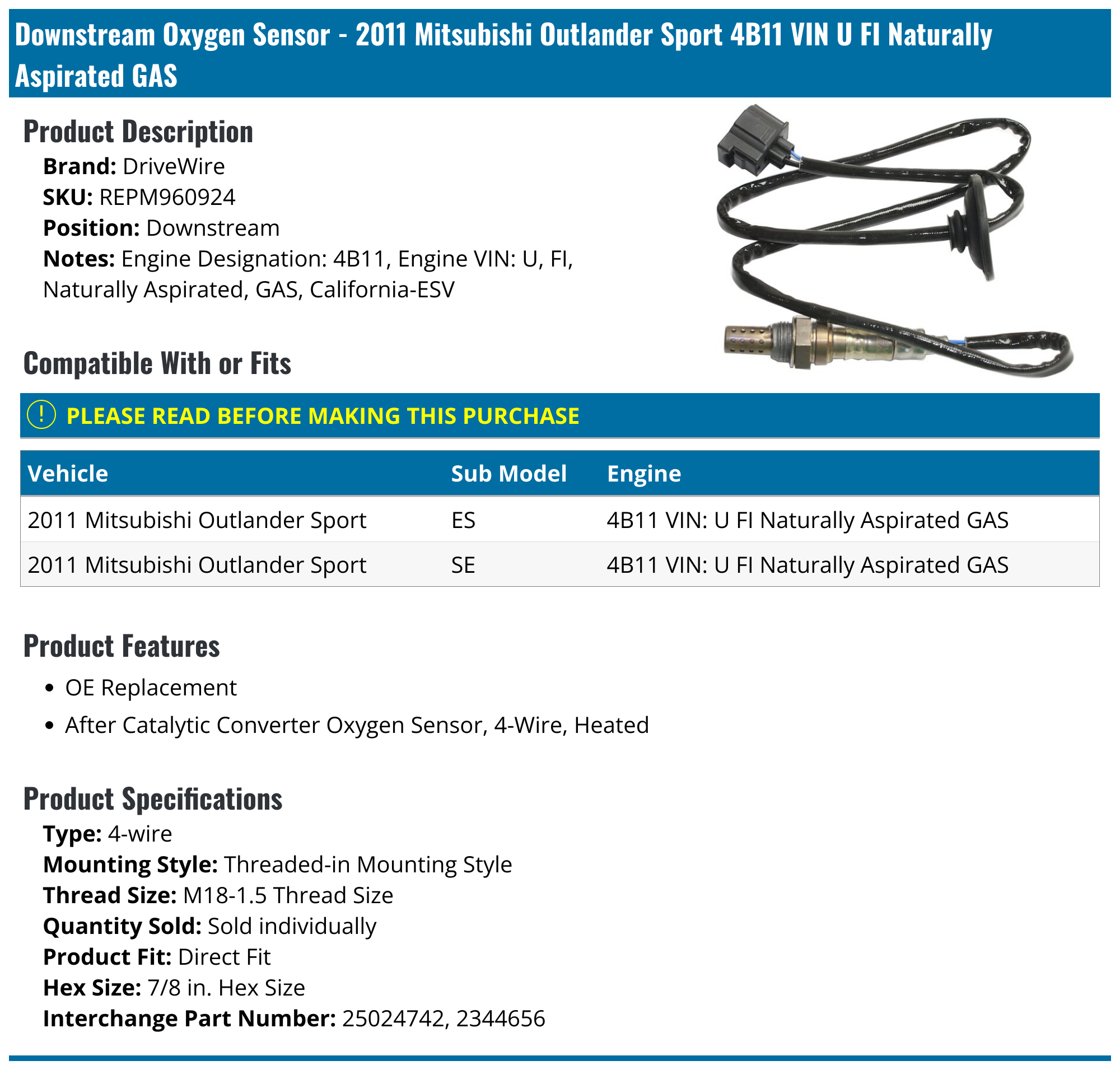 2011-2012 Mitsubishi Outlander Sport Oxygen Sensor - DriveWire ...